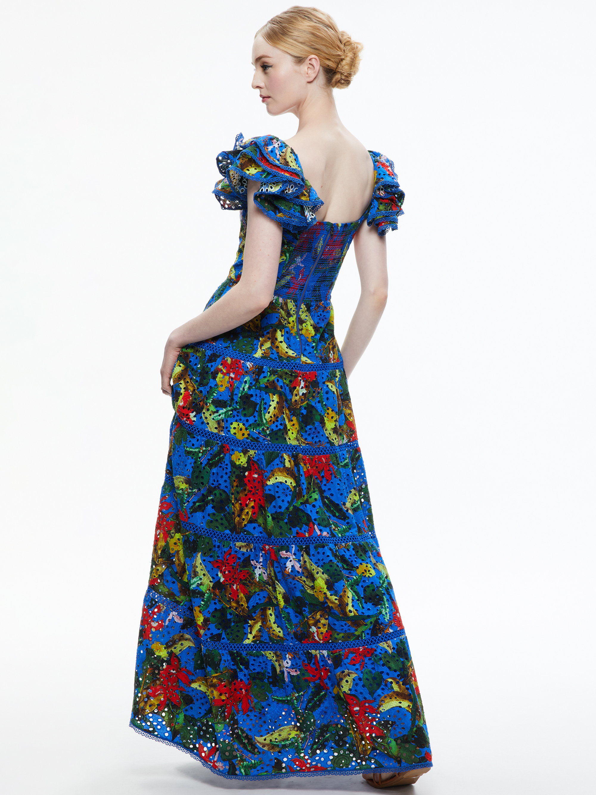 Tawny Eyelet Square Neck Maxi Dress In Tropical Sunrise Sapphire ...