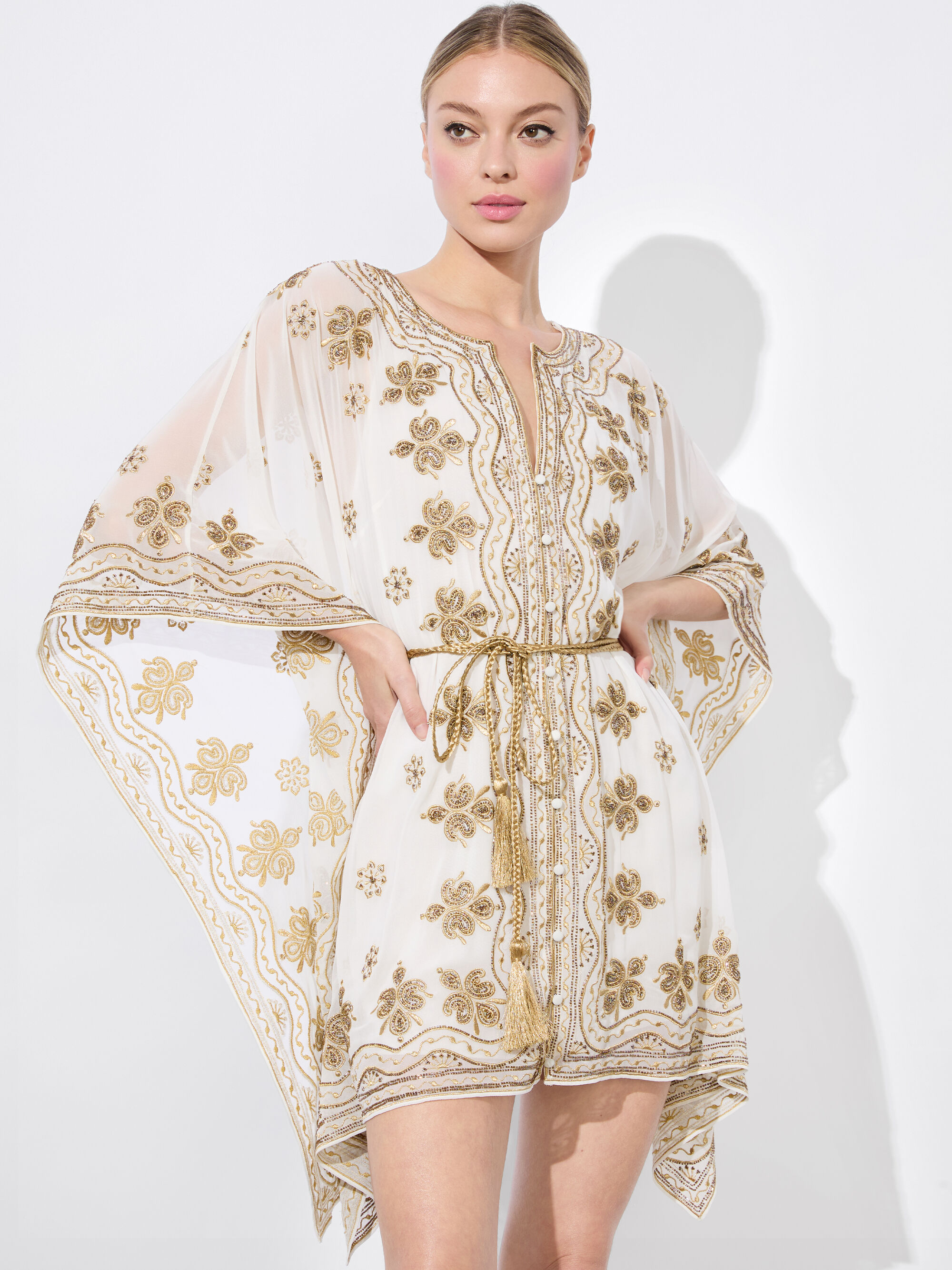 MARVA EMBELLISHED MINI KAFTAN in OFF WHITE/PALE GOLD | ALICE + OLIVIA