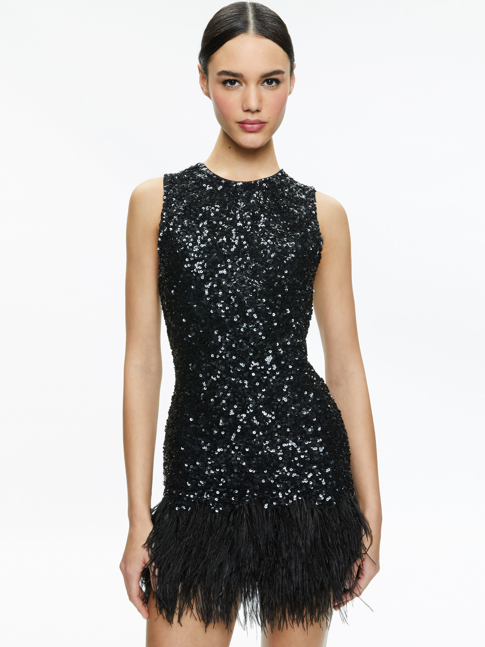 COLEY EMBELLISHED FEATHER TRIM MINI DRESS in BLACK | ALICE + OLIVIA