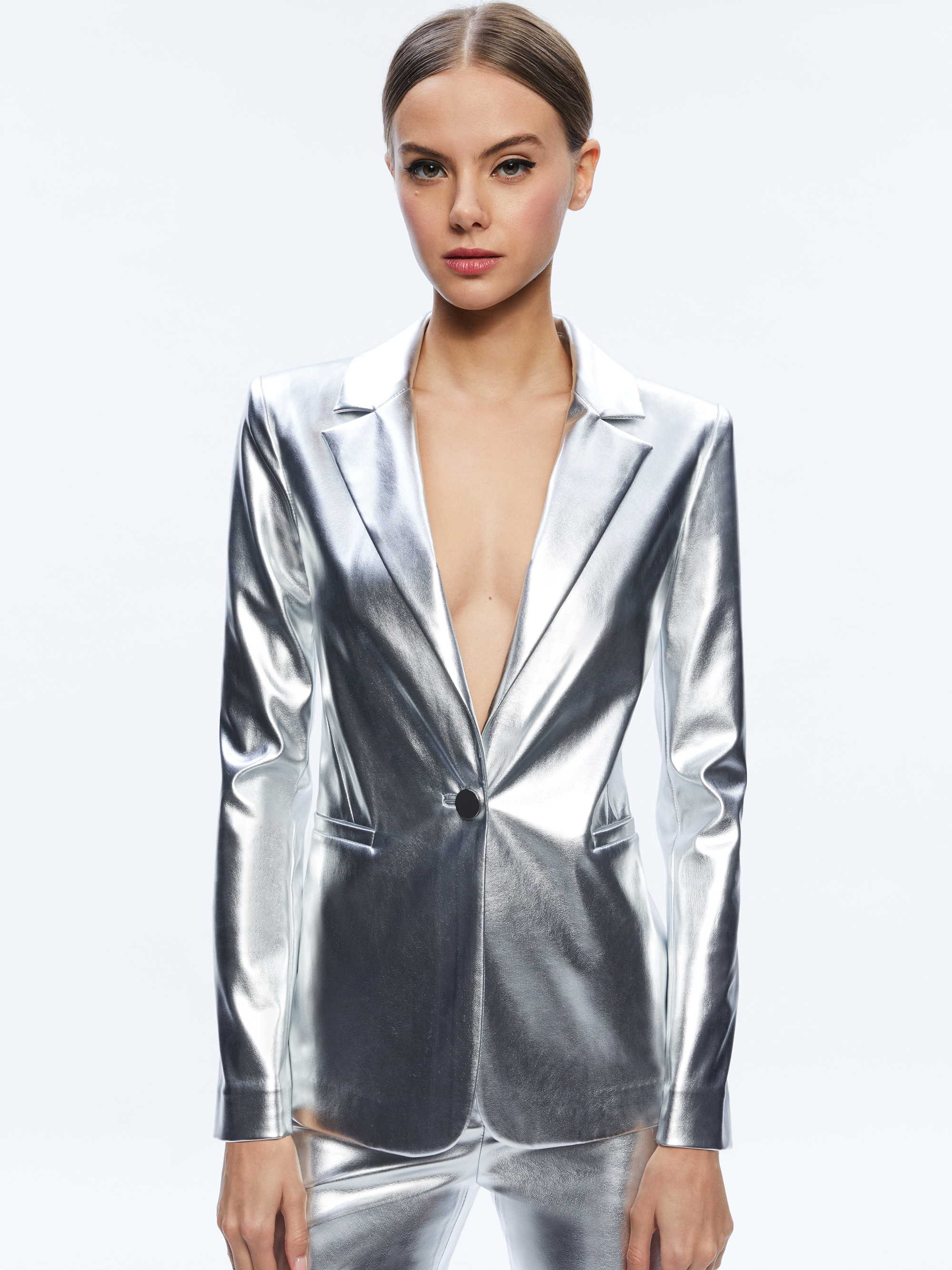 Macey Metallic Vegan Leather Blazer In Silver | Alice + Olivia