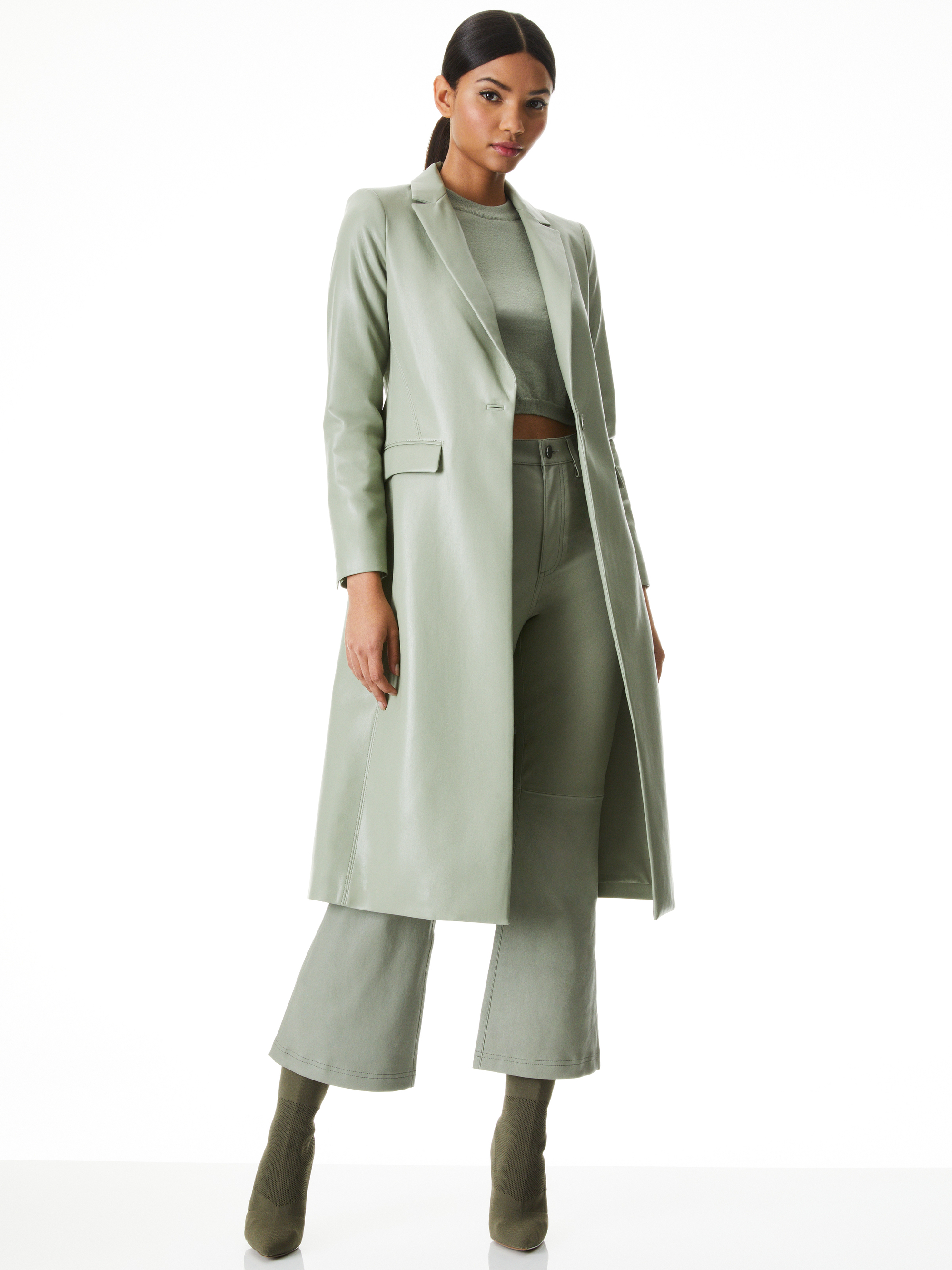 Macey Vegan Leather Long Blazer In Sage | Alice + Olivia