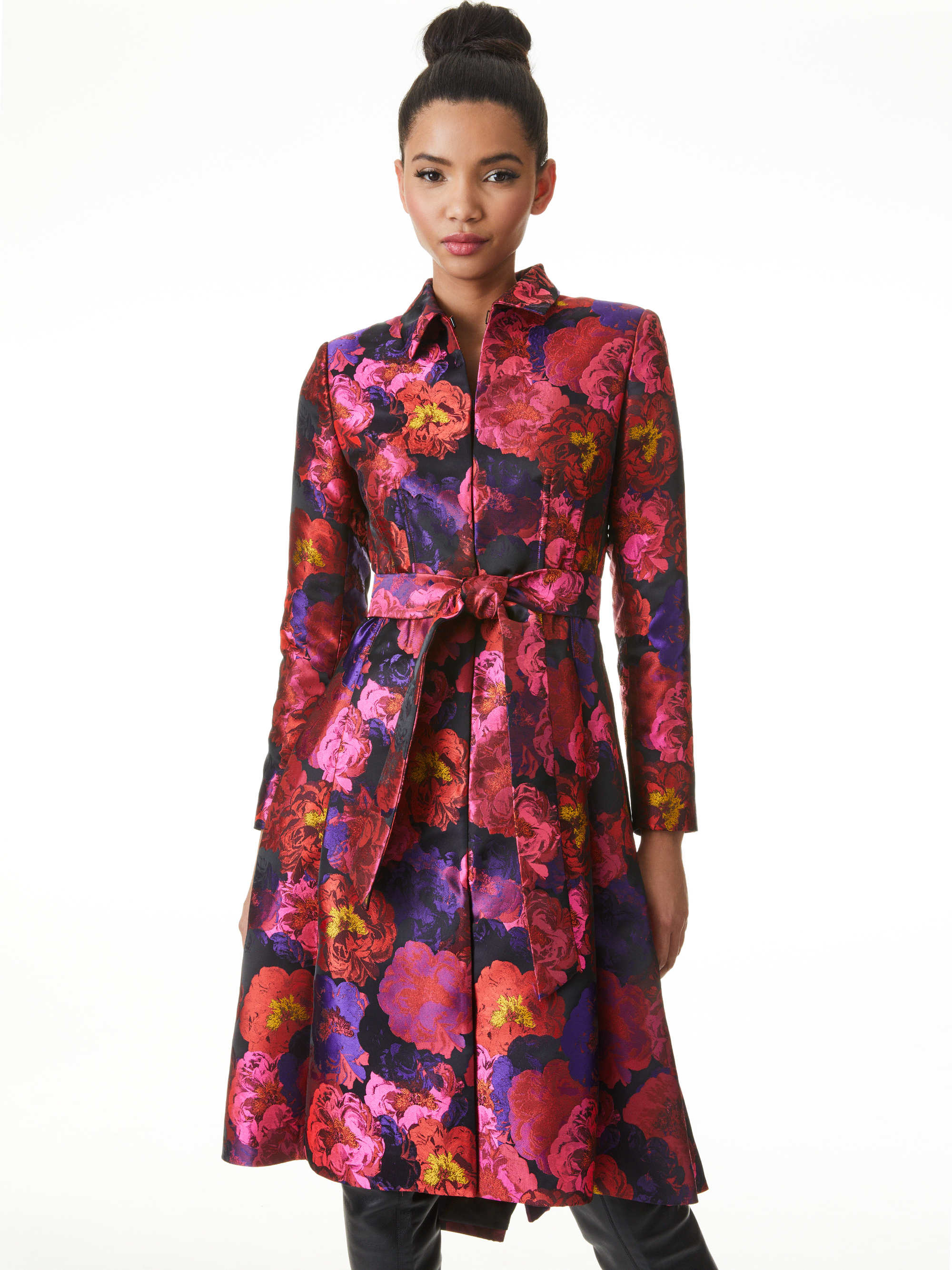 Bain Floral High Low Coat In Black/multi | Alice + Olivia