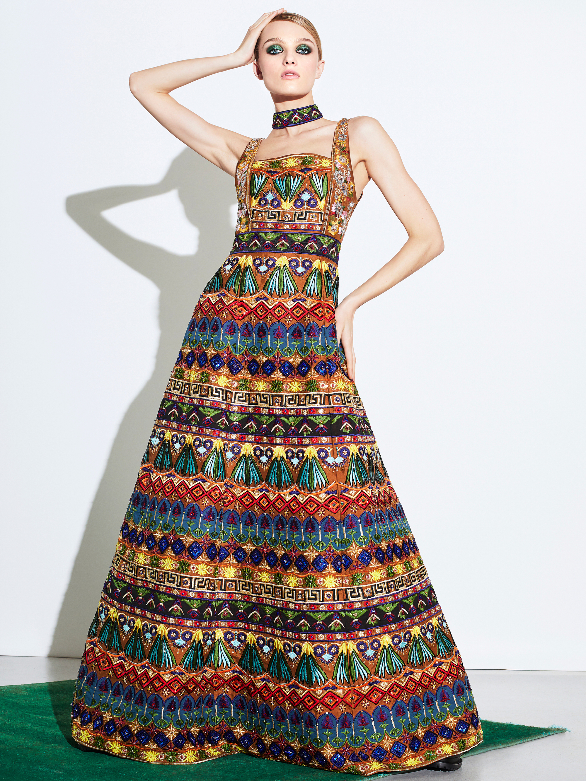 Marciela Beaded Gown With Choker In Brown Multi | Alice + Olivia