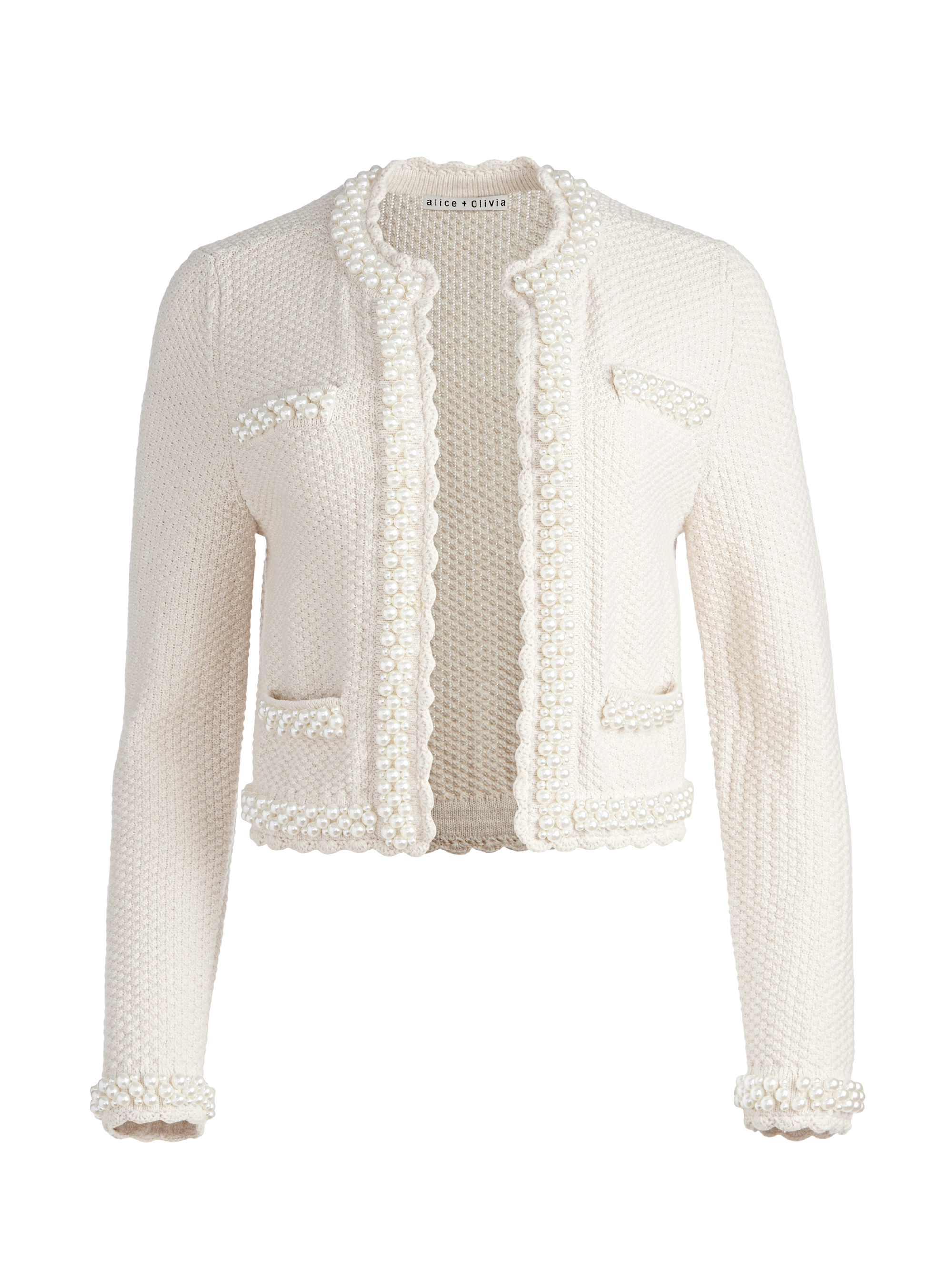 Noella Knit Jacket With Pearls In Sand Marl/pearl | Alice + Olivia