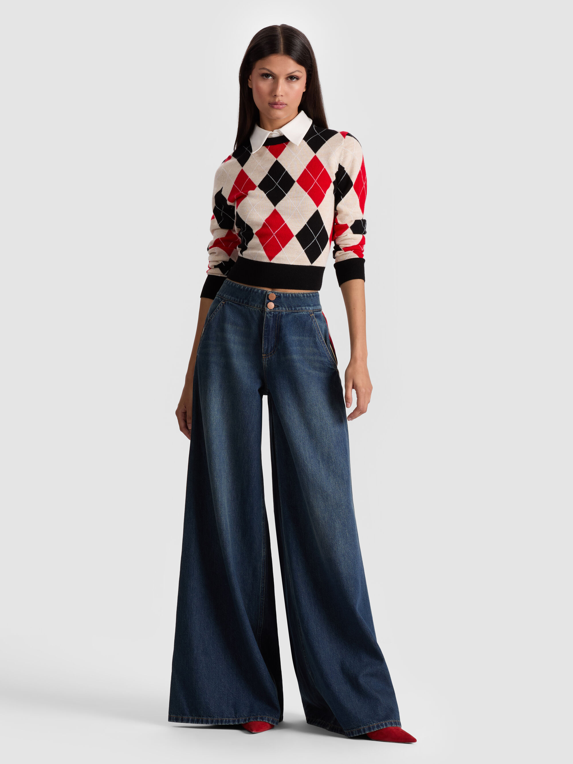 CAROLANN ARGYLE PULLOVER in OATMEAL HTR/BLACK/PERFECT RUBY | ALICE + OLIVIA