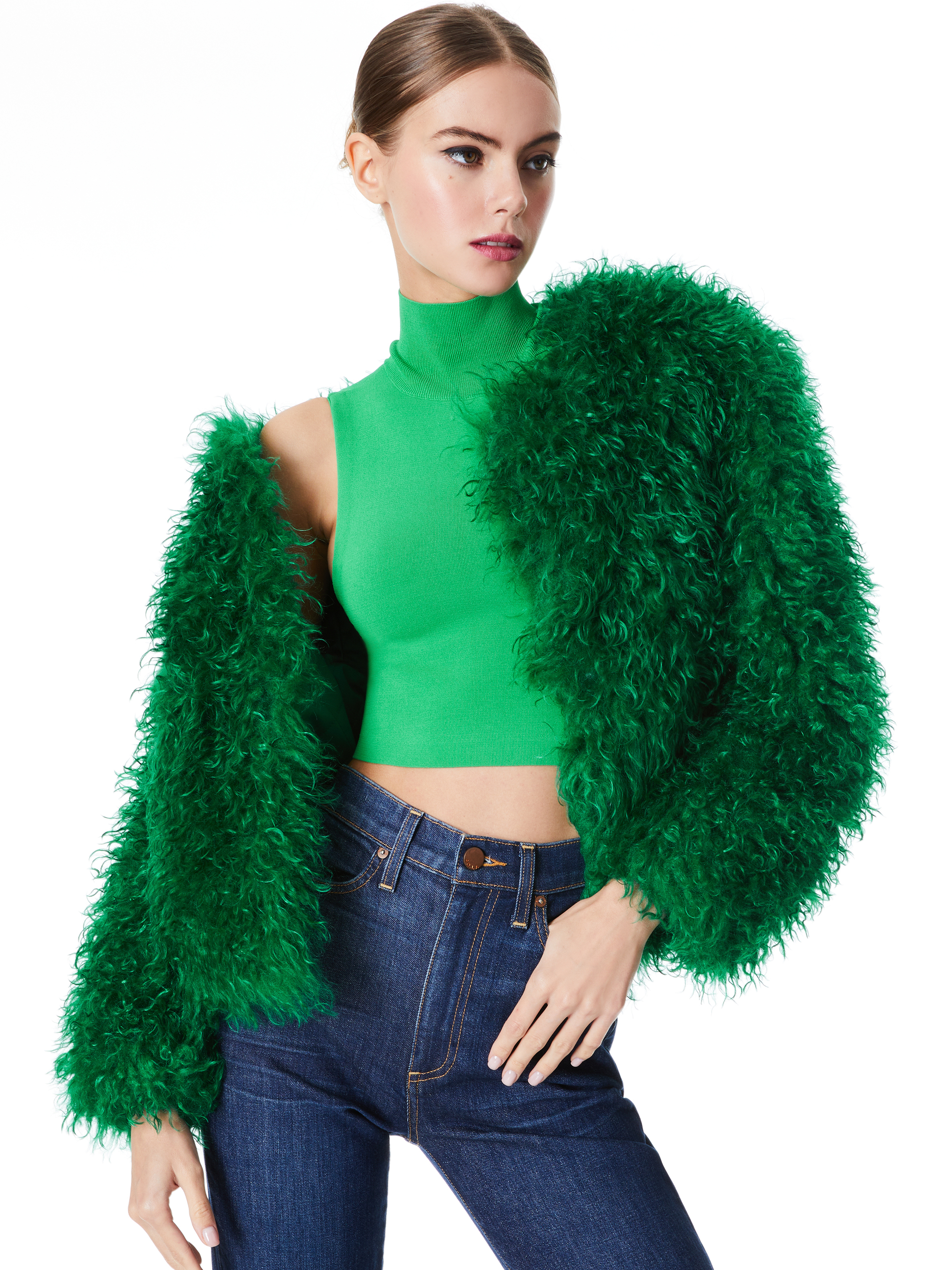 Jerrie Collarless Faux Fur Coat In Emerald | Alice + Olivia