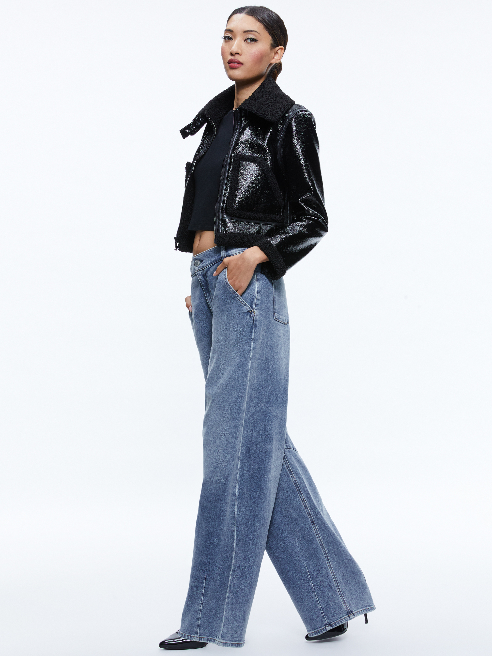 Isaiah Vegan Leather Faux Shearling Cropped Jacket In Black | Alice ...