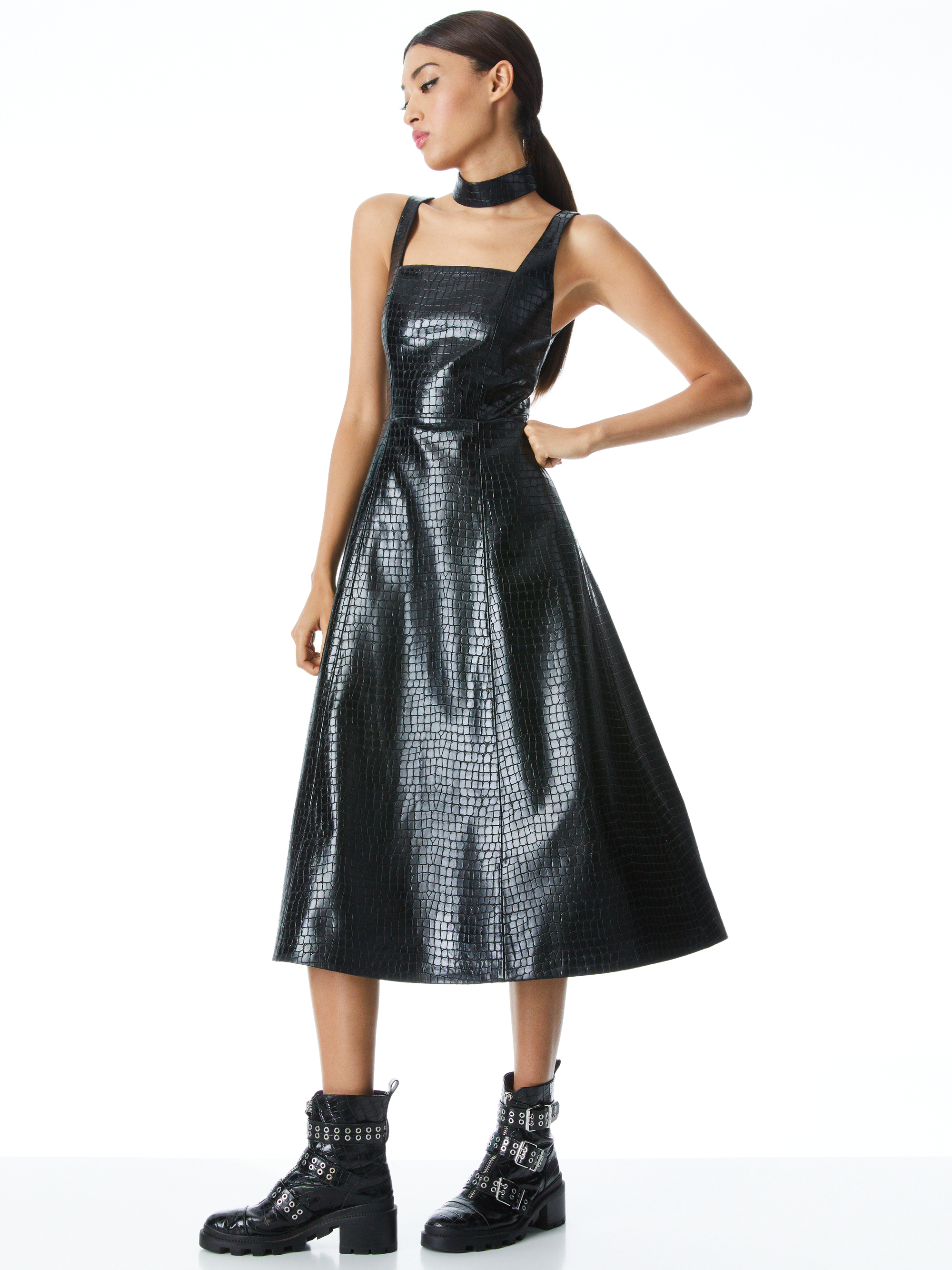 Marciela Vegan Leather Midi Dress In Black | Alice + Olivia
