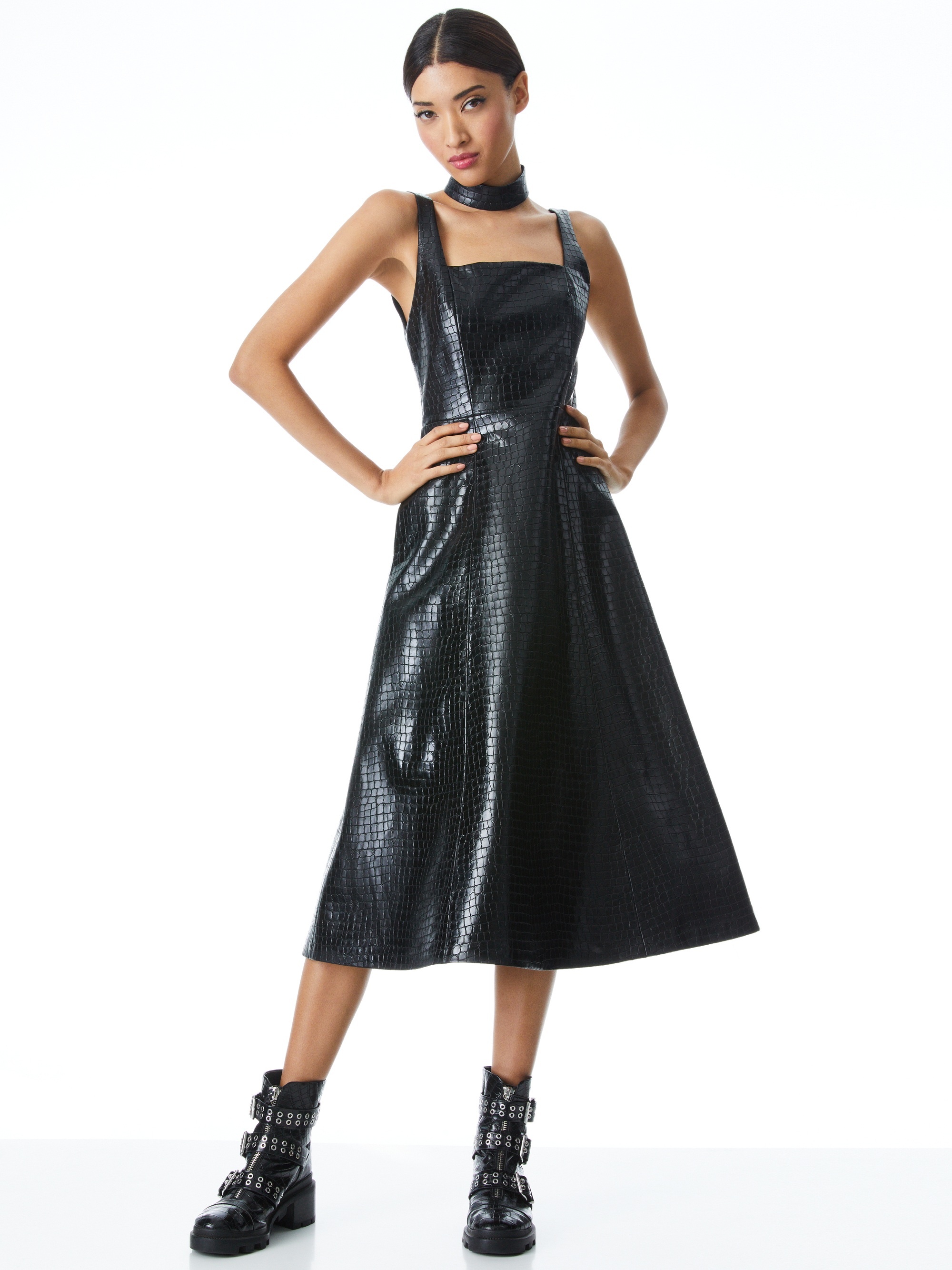 Marciela Vegan Leather Midi Dress In Black | Alice + Olivia