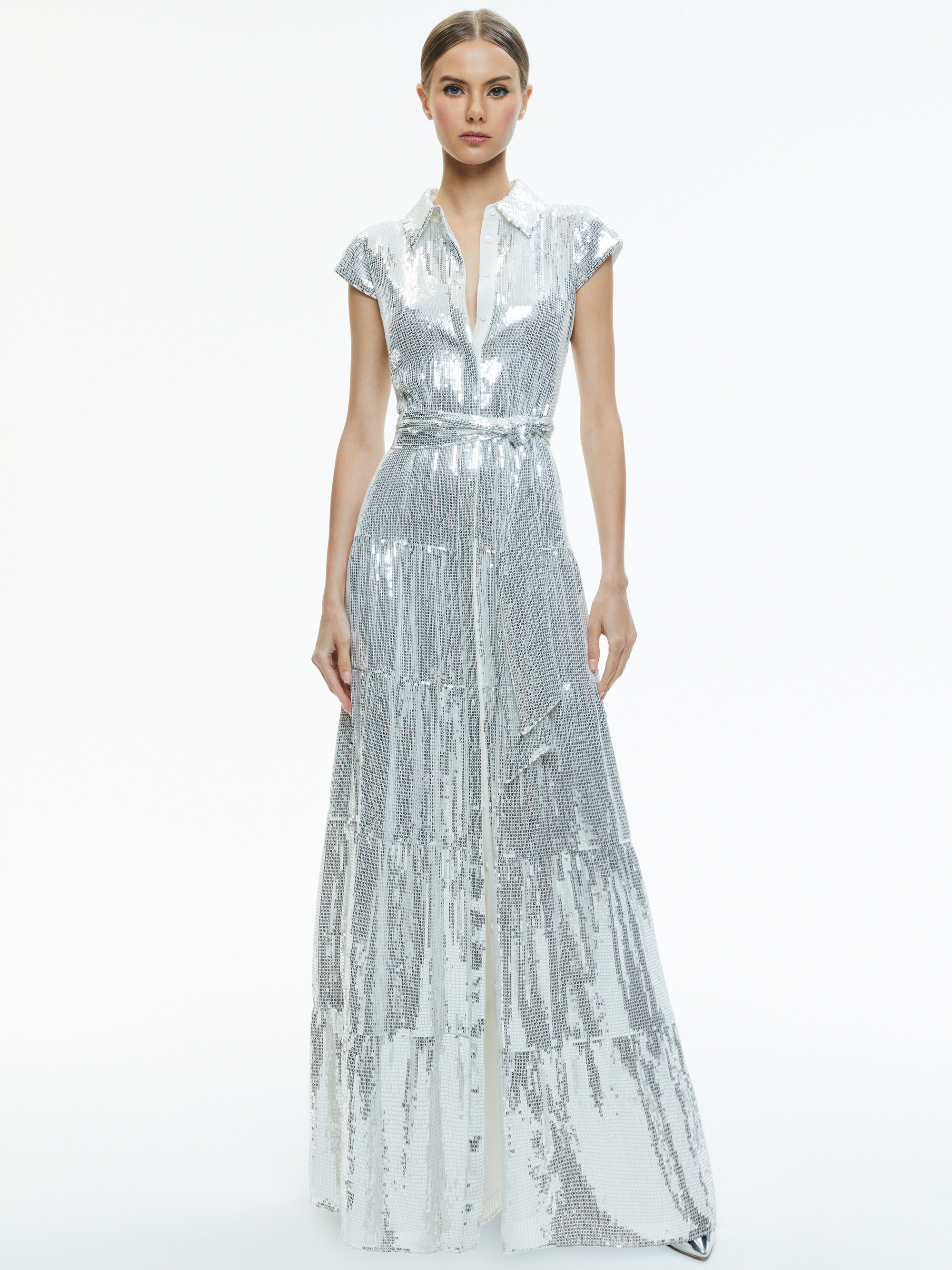 Miranda Embellished Tiered Maxi Dress In Silver | Alice + Olivia