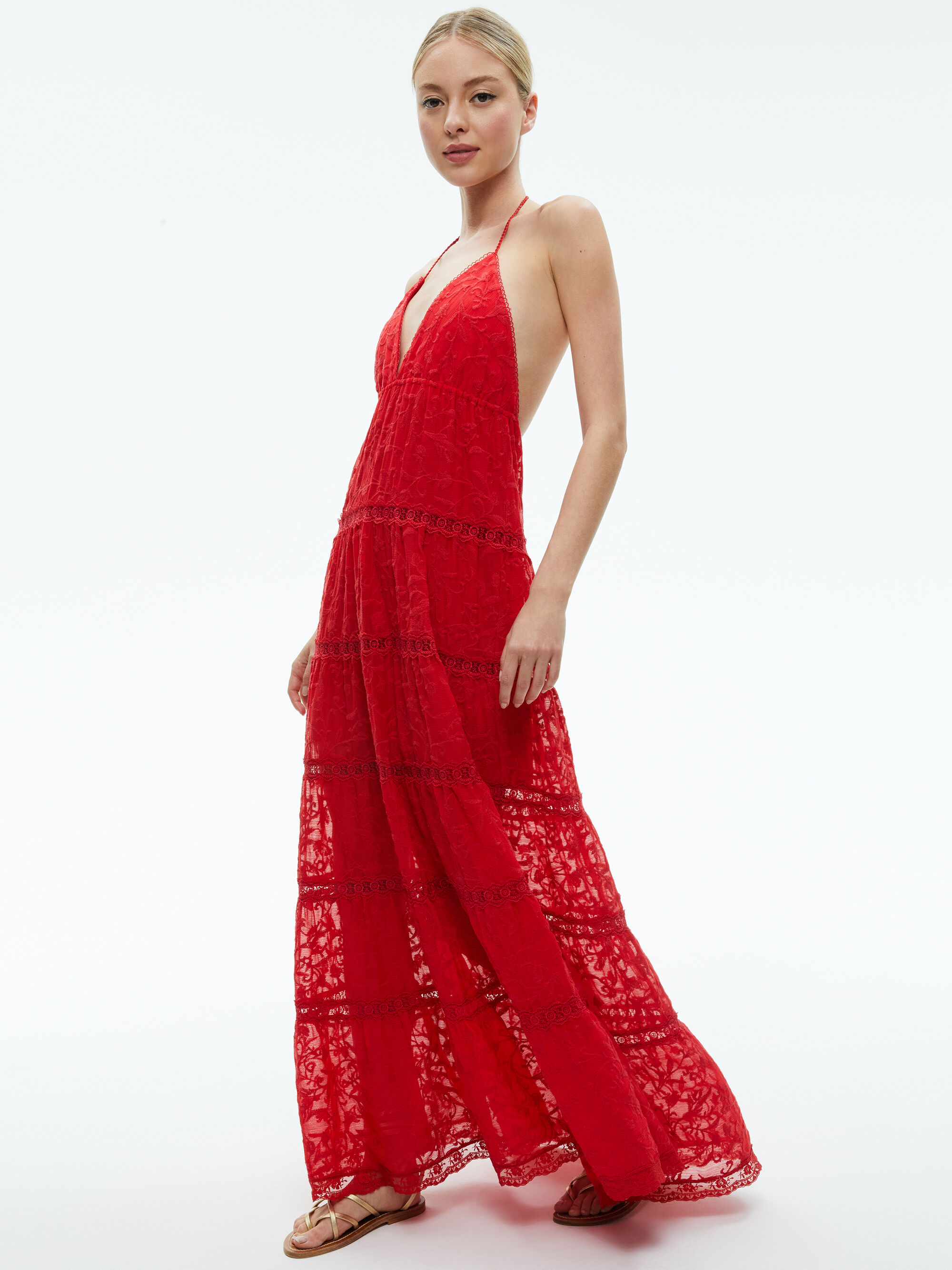 MAE HALTER TIERED MAXI DRESS in BRIGHT RUBY | ALICE + OLIVIA