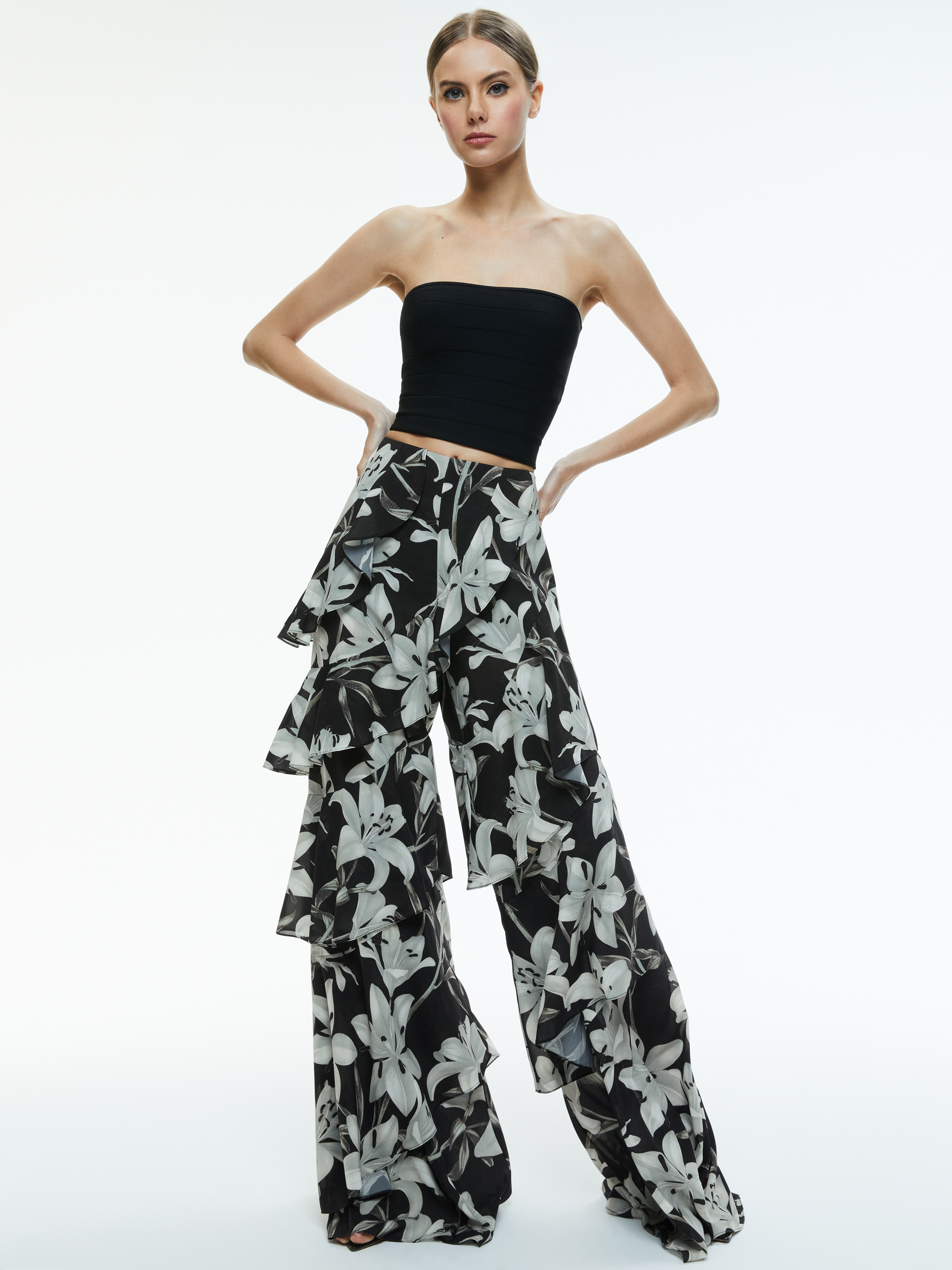 Lotus High Rise Wide Leg Ruffle Pant In Stargazer Black Lg | Alice + Olivia