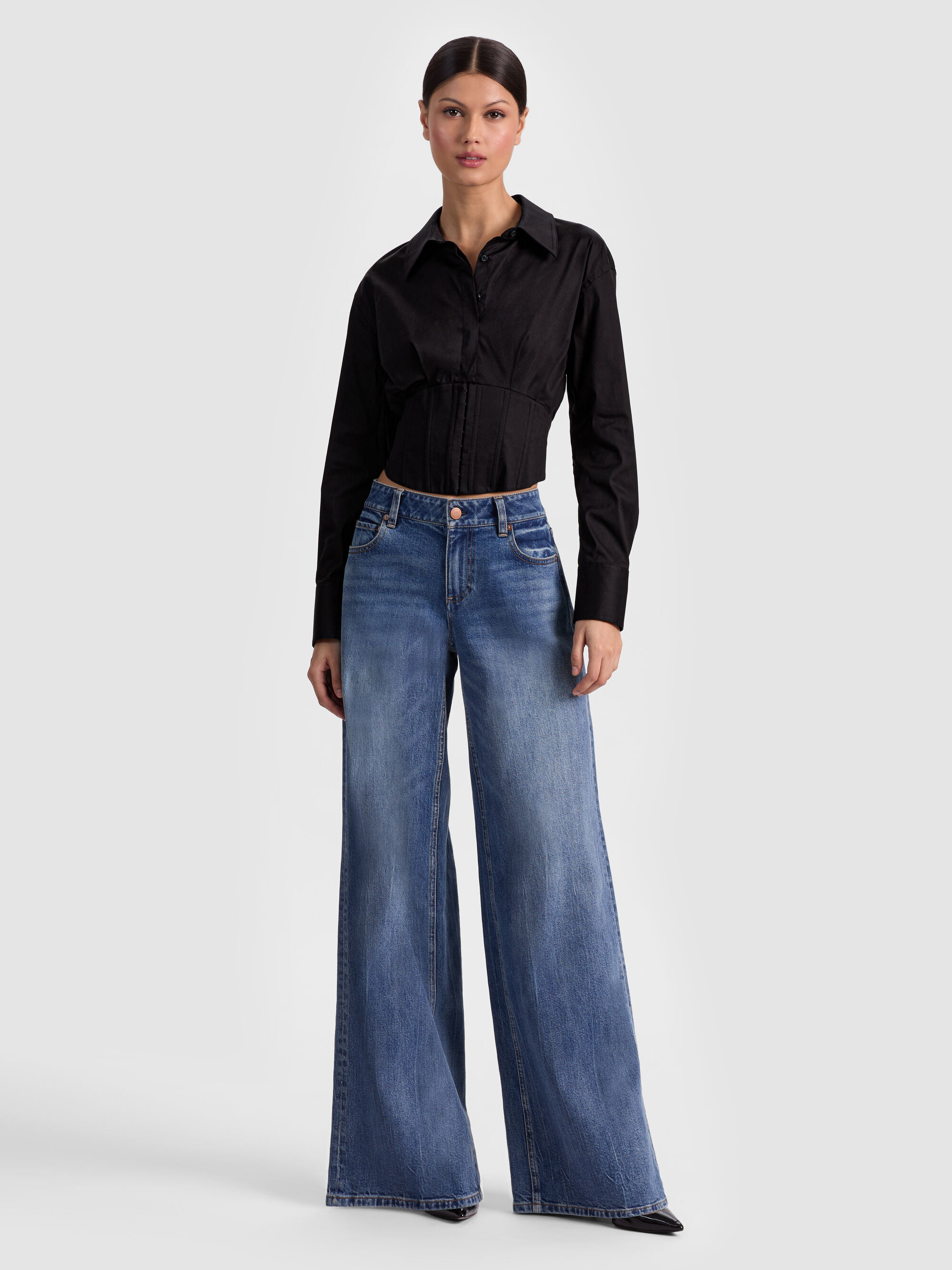 EDIE CORSET BUTTON DOWN in BLACK | ALICE + OLIVIA