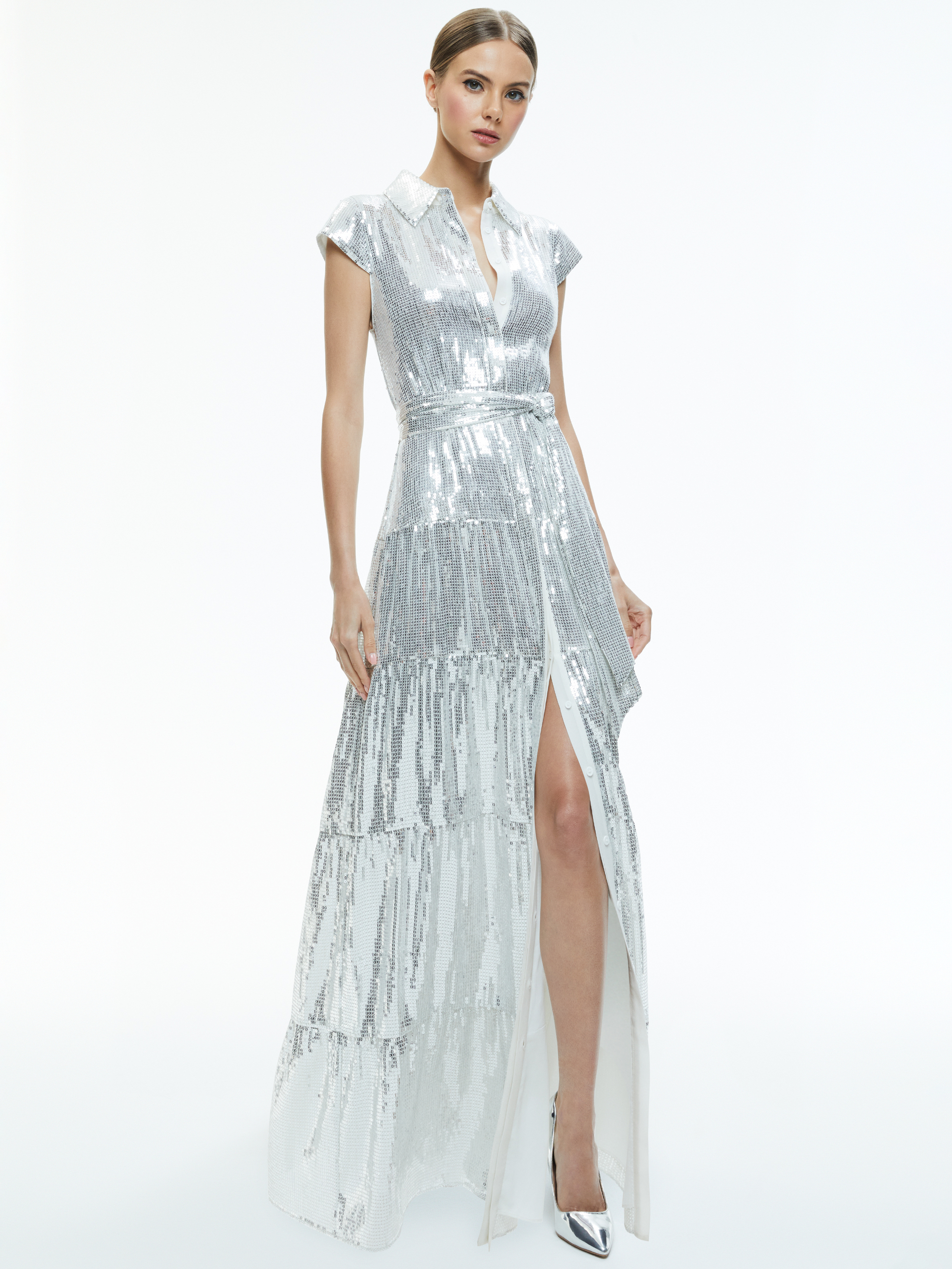 Miranda Embellished Tiered Maxi Dress In Silver | Alice + Olivia