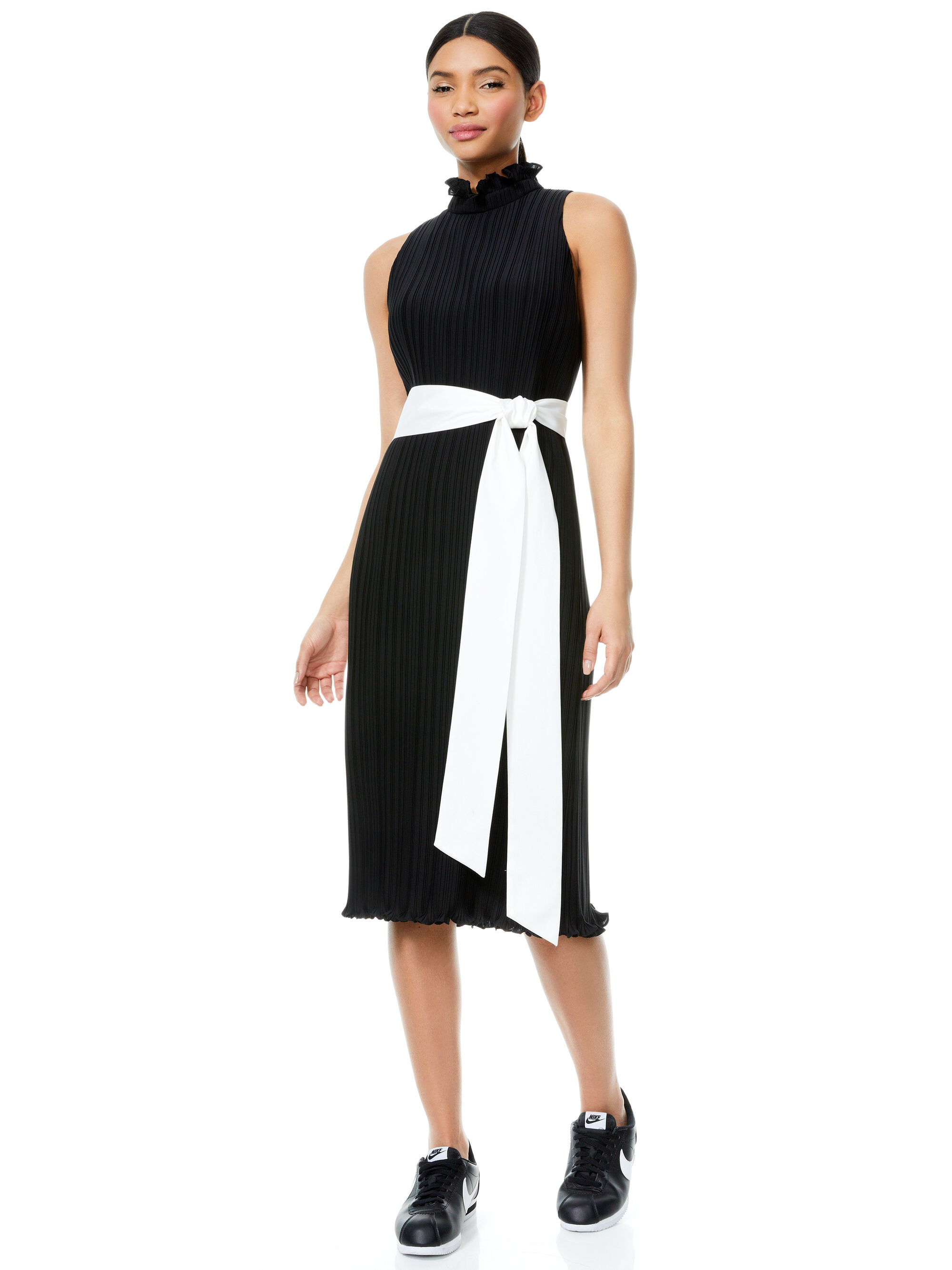 SHAYNA PLEATED MIDI DRESS in BLACK | ALICE + OLIVIA