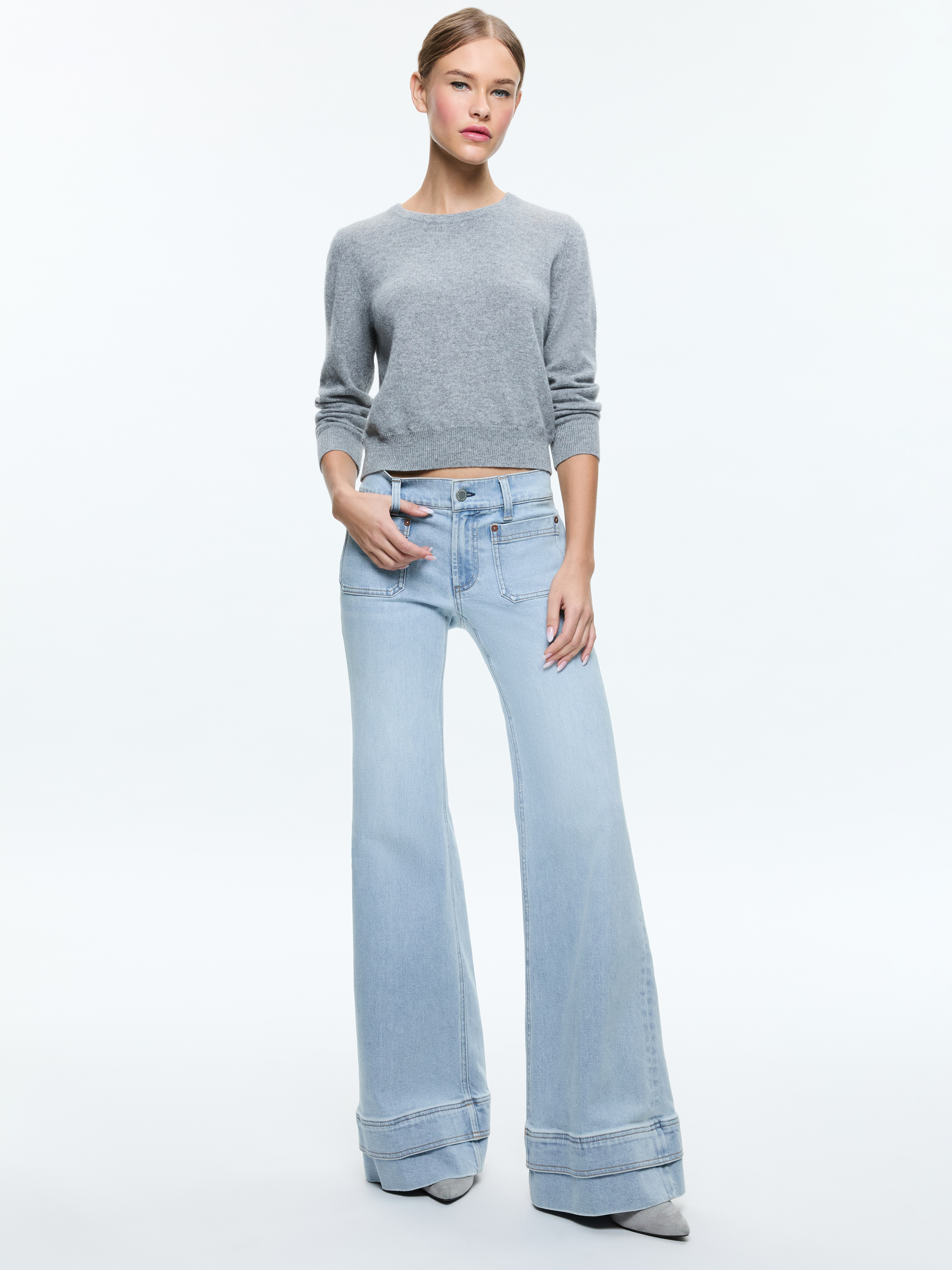 Brian Patch Pocket Wide Leg Double Hem Jean In Leona Light Blue | Alice + Olivia