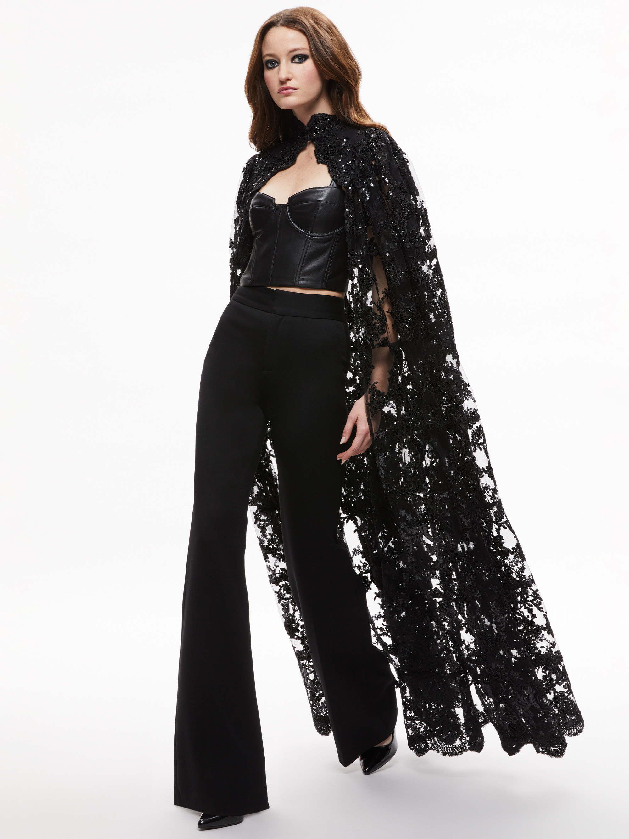 Aurelia Lace Embellished Cape In Black | Alice + Olivia