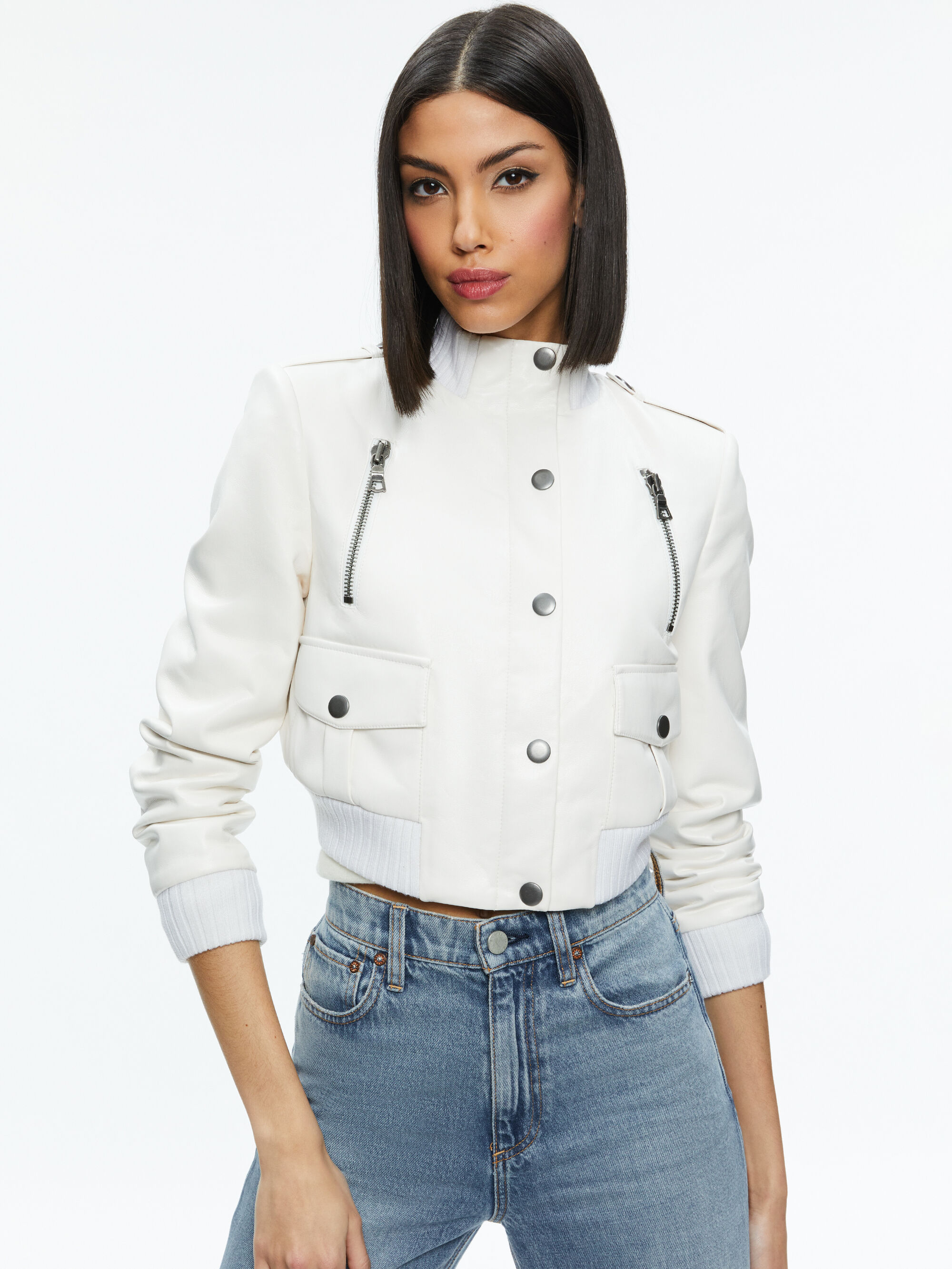 Ria Vegan Leather Moto Jacket In Off White | Alice + Olivia