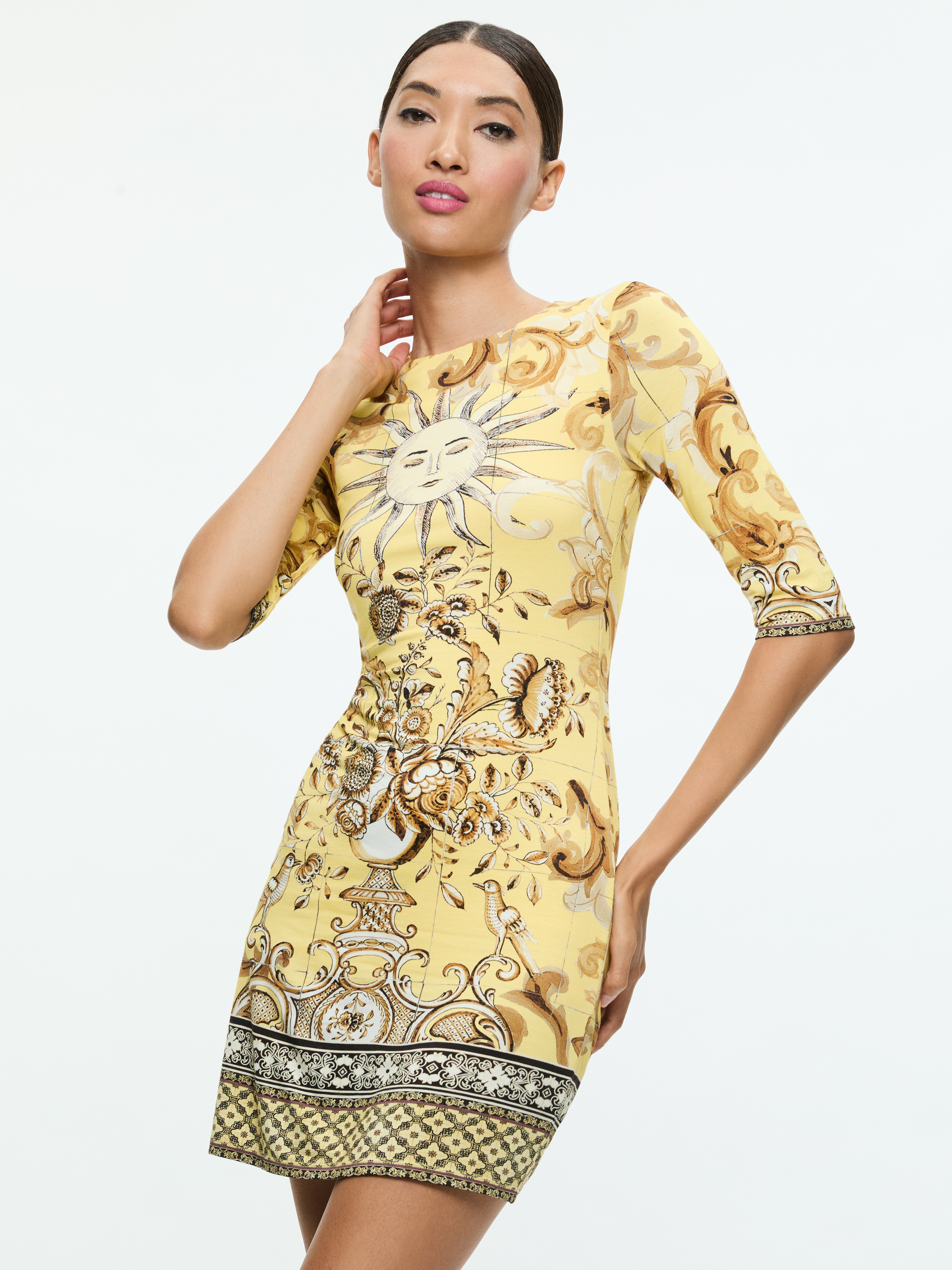 Delora Crew Neck Fitted Mini Dress In Lisboa Lemon Meringue | Alice ...