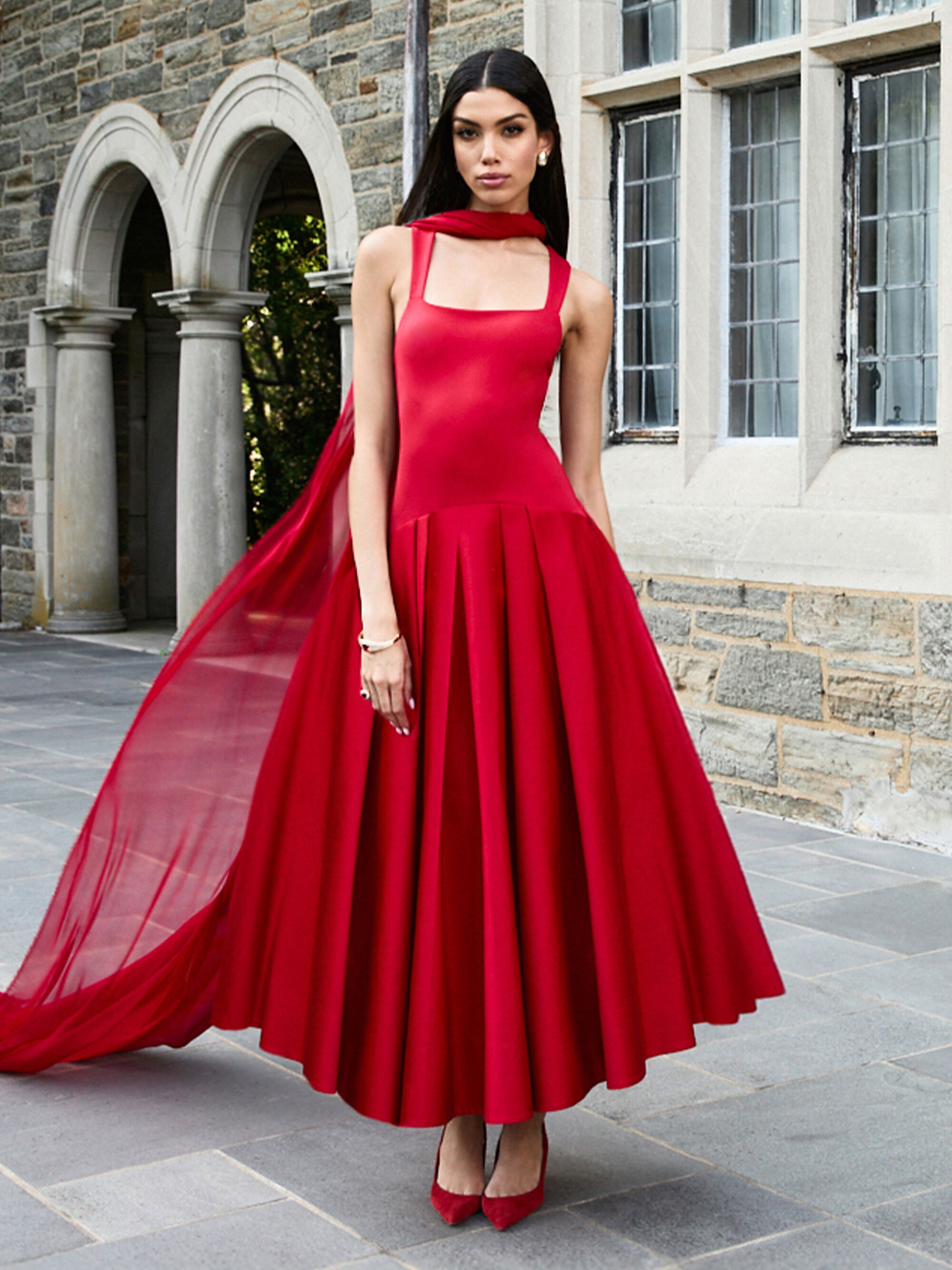 ADLEY DROP WAIST MIDI DRESS in PERFECT RUBY | ALICE + OLIVIA