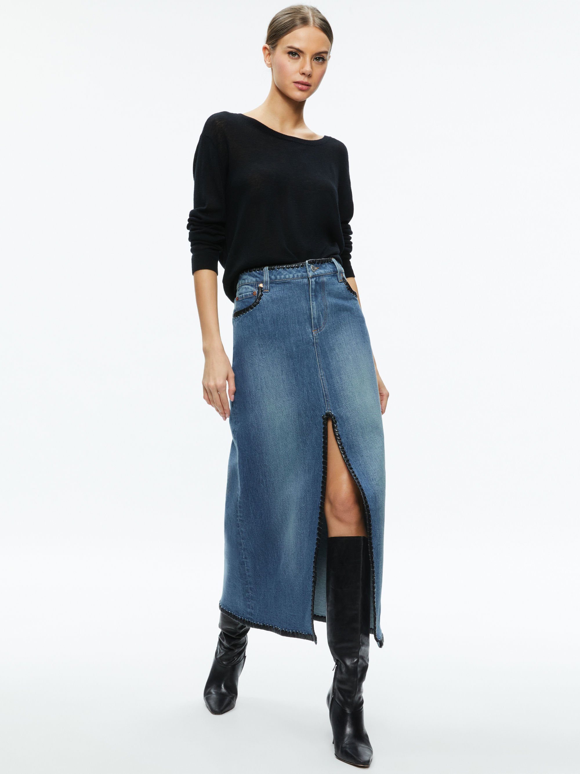 Rye Denim Maxi Skirt With Vegan Leather In Lola Blueblack Alice Olivia