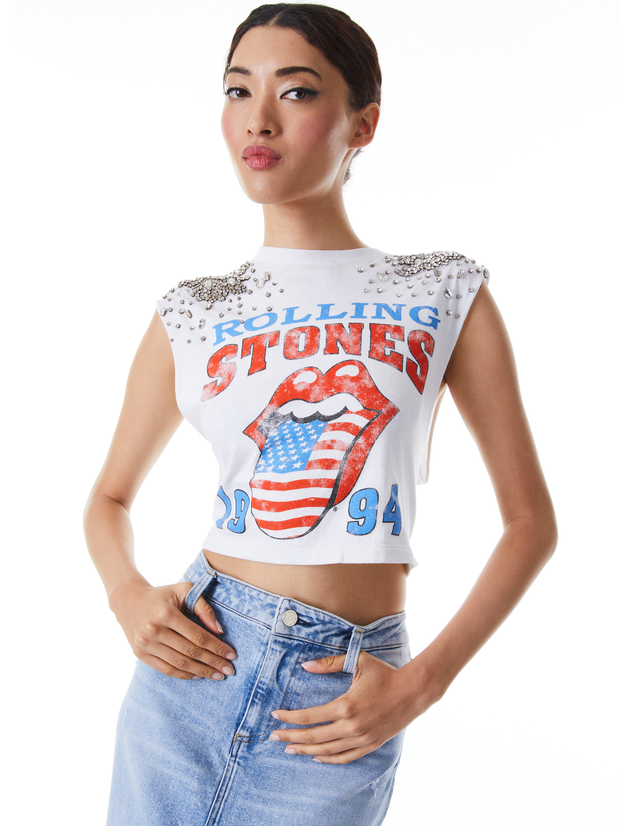 Micah Embelllished Cropped Muscle Tank In White/multi | Alice + Olivia