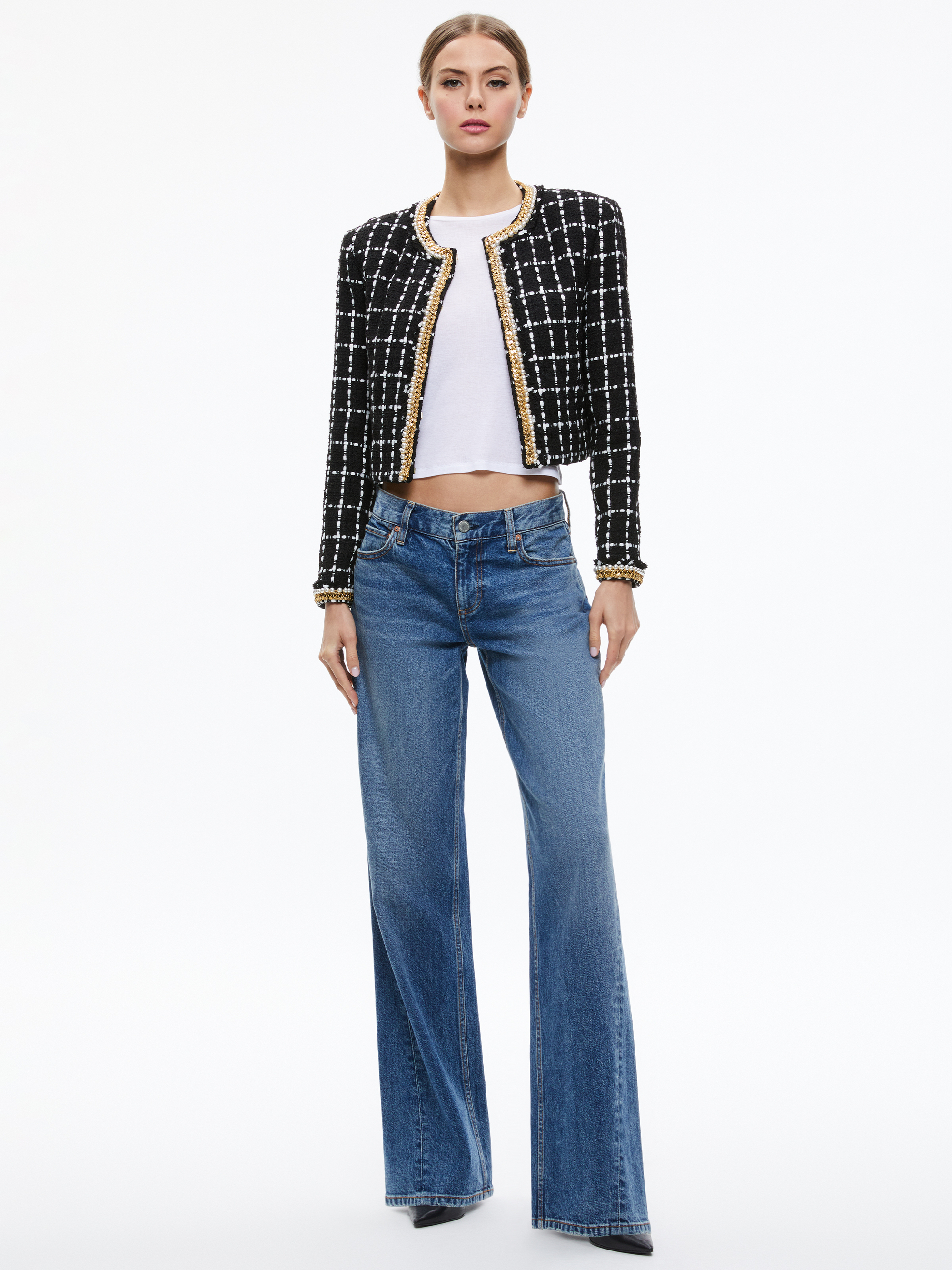 Sabina Chain Trim Tweed Jacket In Black/ecru | Alice + Olivia