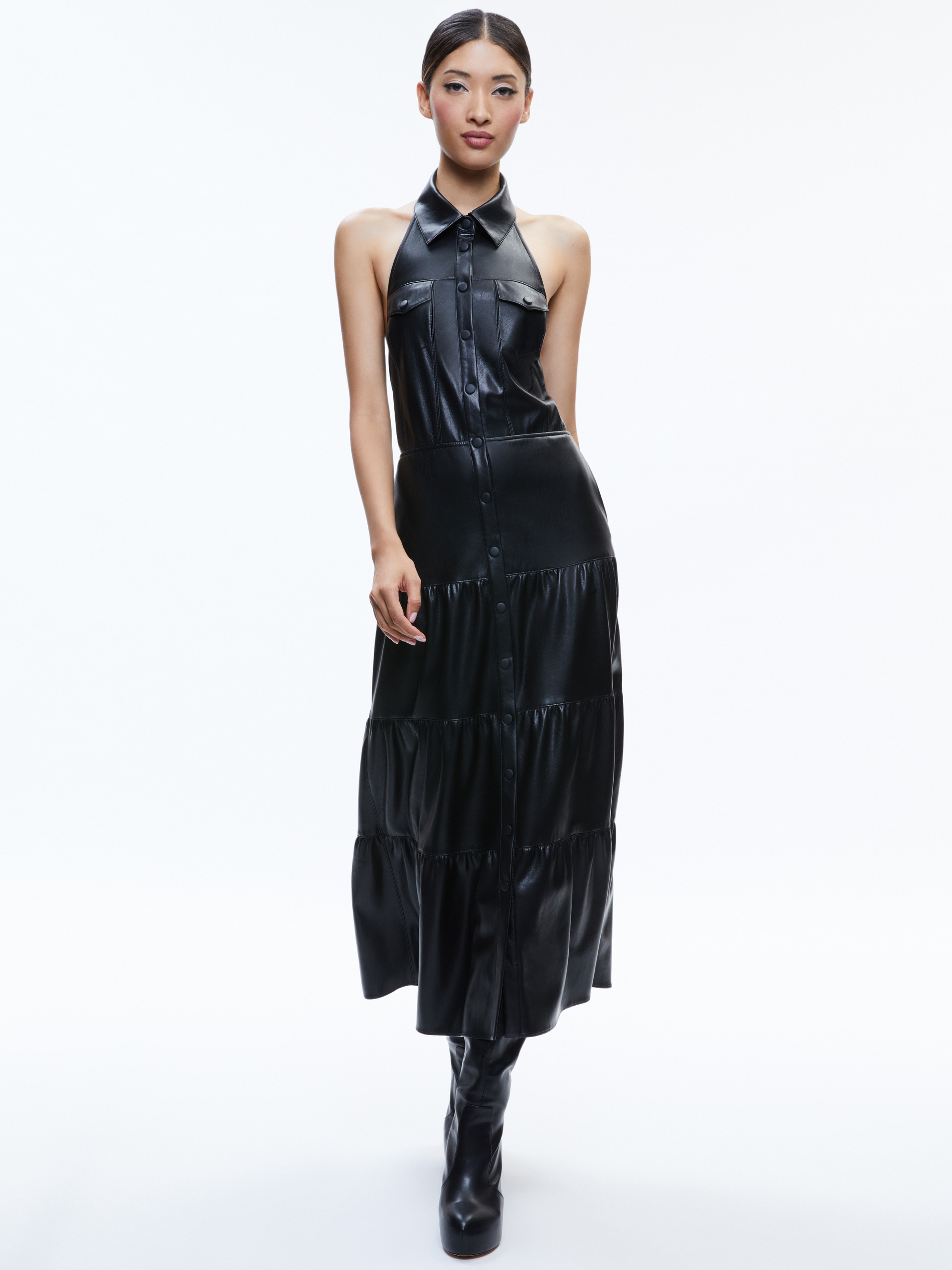 Miranda Vegan Halter Neck Tiered Midi Dress In Black | Alice + Olivia