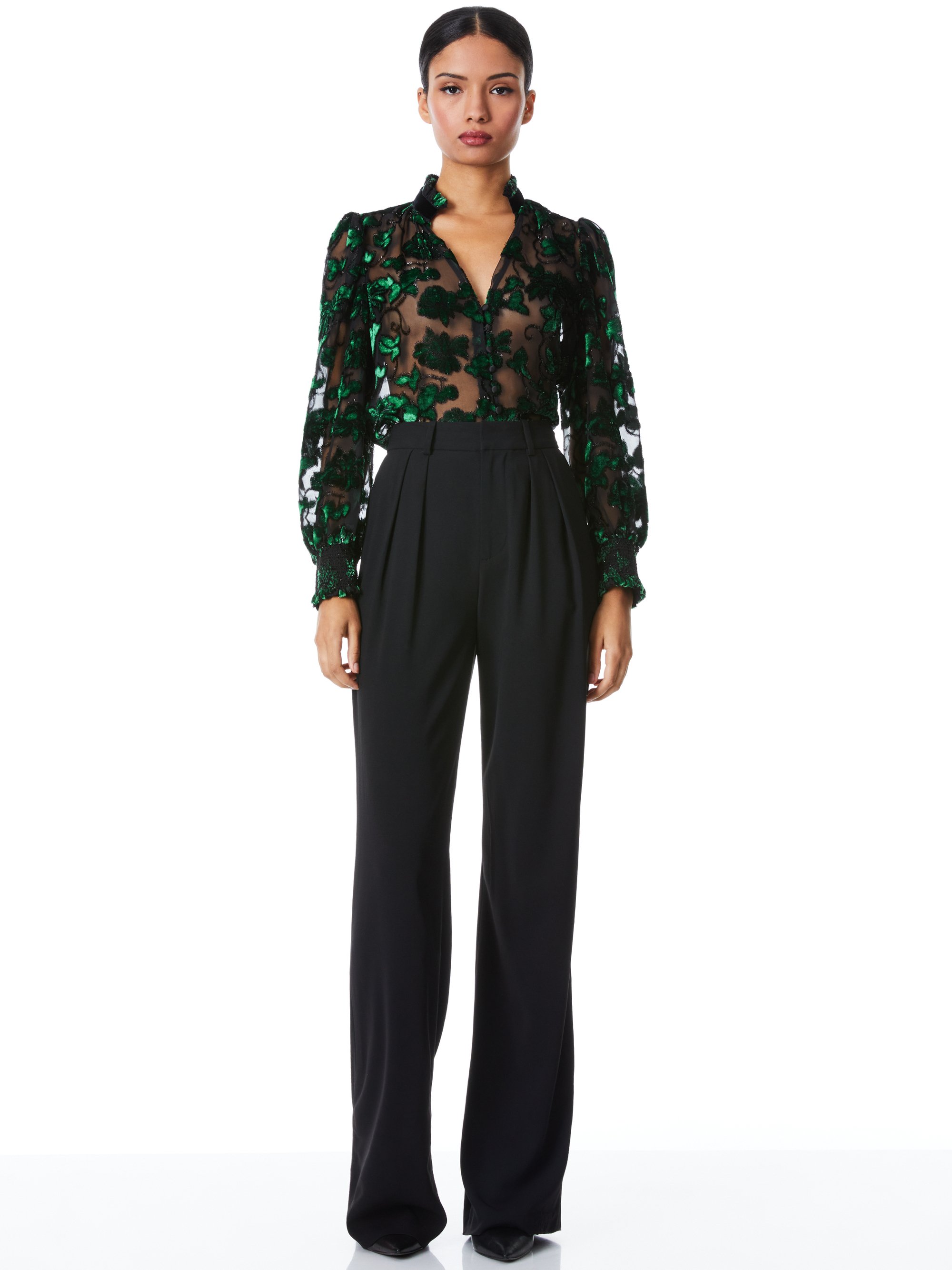 Zina Sheer Button Down Blouse In Black Emerald Alice Olivia