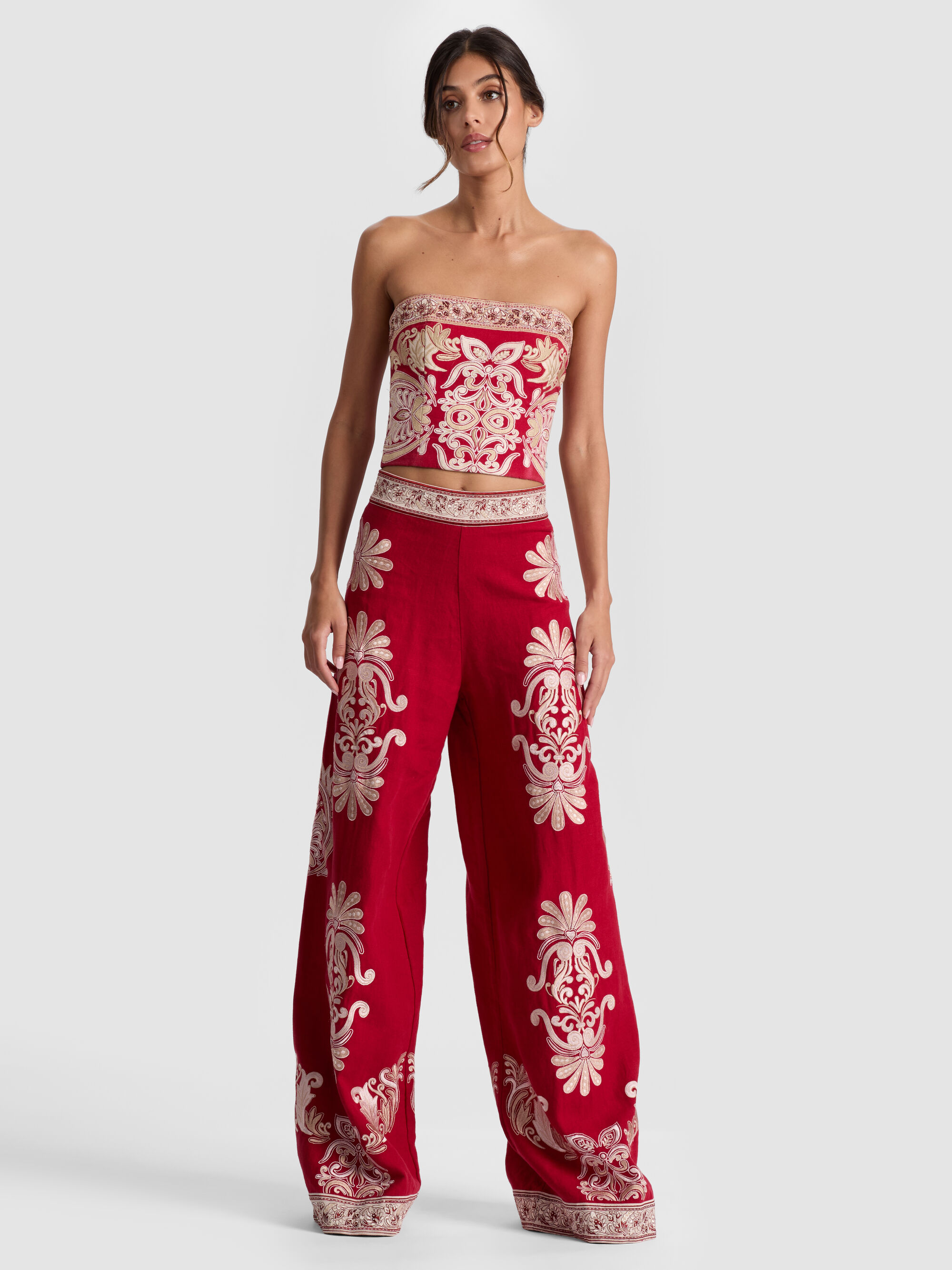 ATHENA EMBROIDERED PANT in SERENADE DARK CHERRY | ALICE + OLIVIA