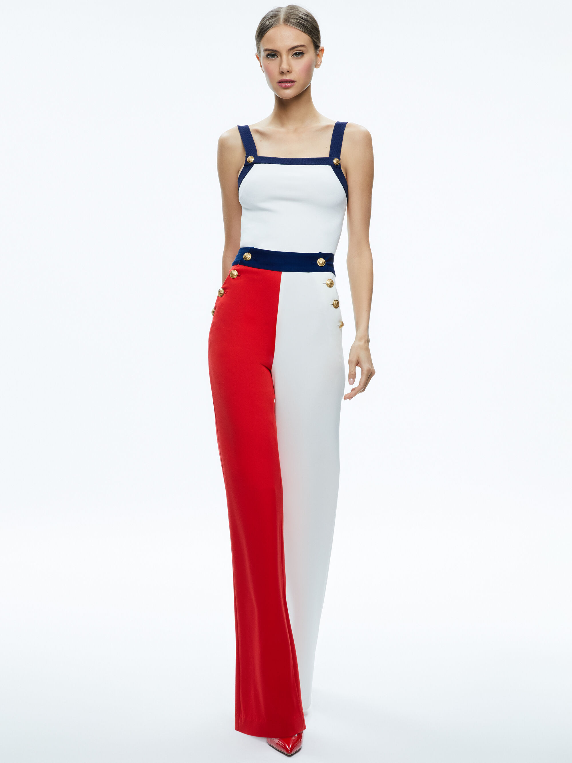 NARIN HIGH RISE BUTTON FRONT PANT in BRIGHT RUBY/OFF WHITE/INDIGO ...