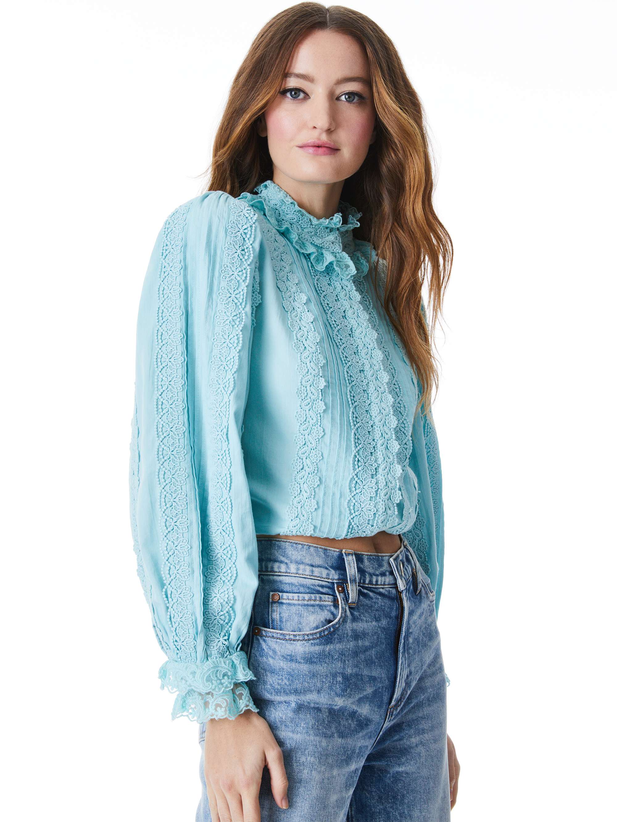 Yvette Button Front Lace Blouse In Waterfall | Alice + Olivia