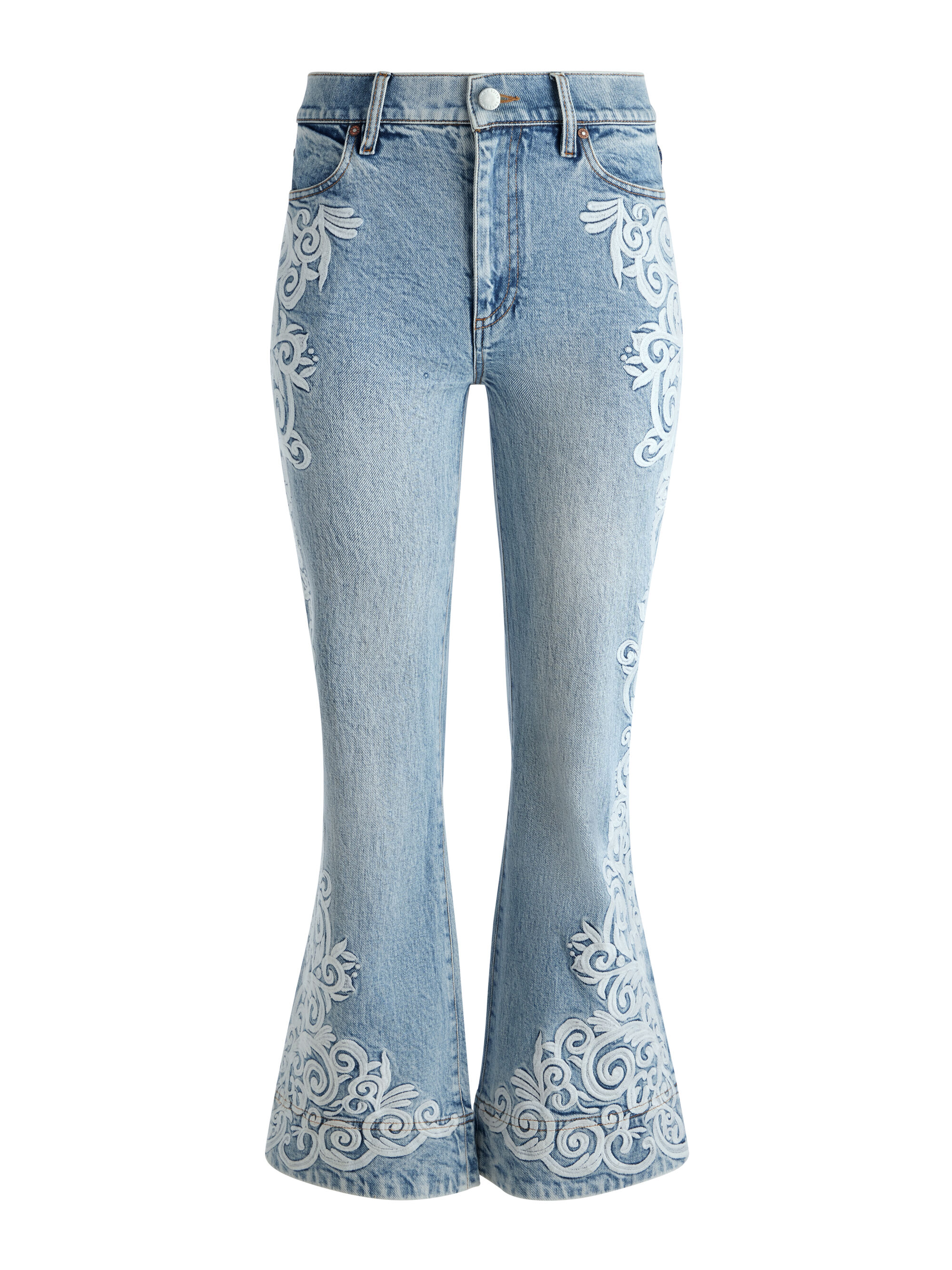 BEAUTIFUL EMBROIDERED CROPPED BELL JEAN in ROCKSTAR BLUE | ALICE + OLIVIA