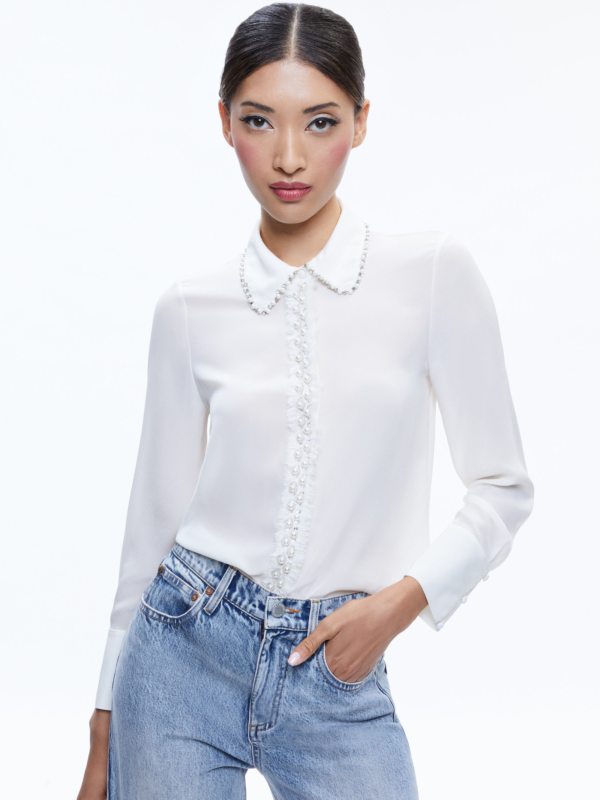 Willa Embellished Placket Top In Off White | Alice + Olivia