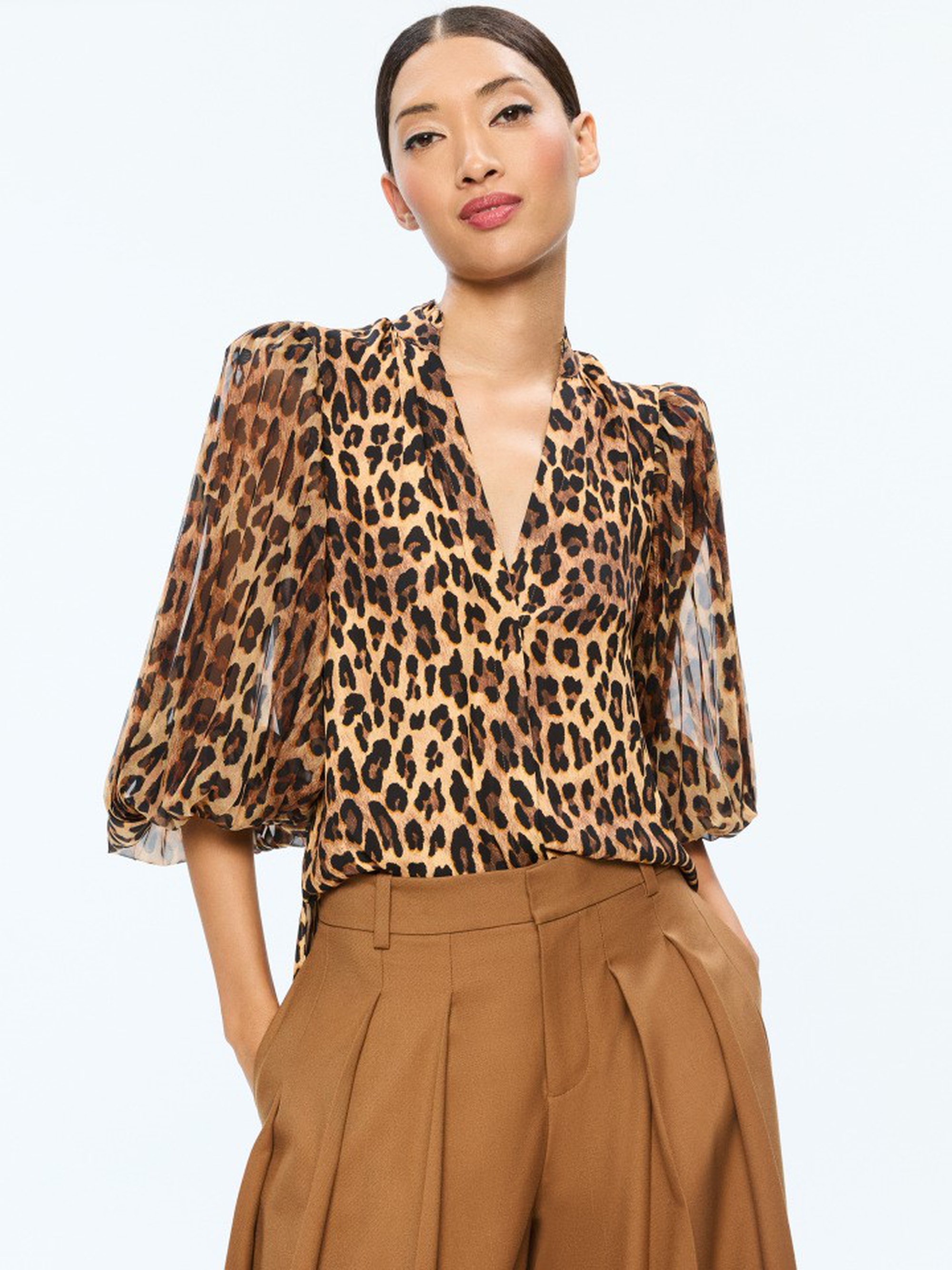 Ilan Button Front Blouse In Spotted Leopard Dark Tan | Alice + Olivia