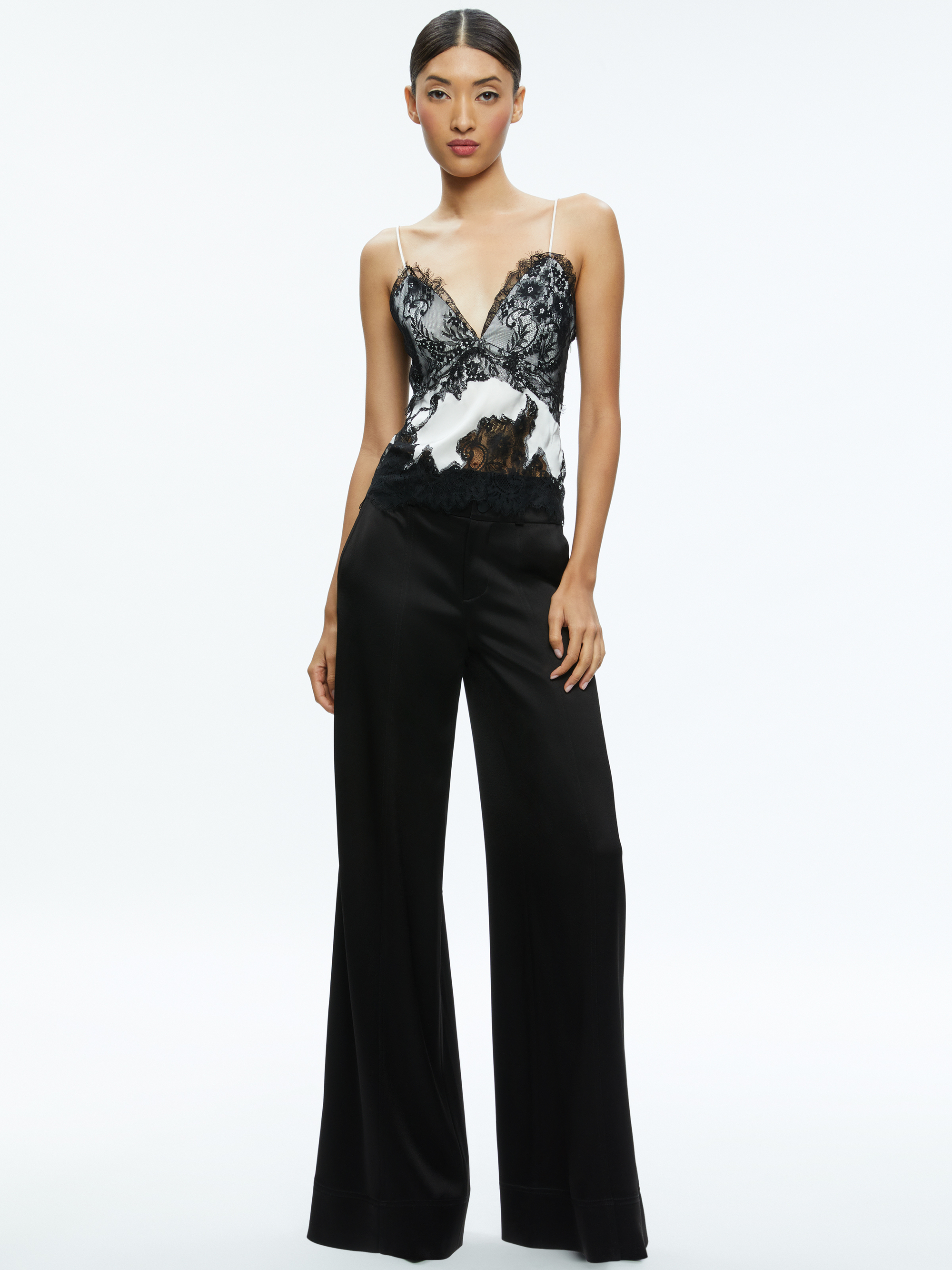 Katja Cutaway Lace Slip Top In Off White/black | Alice + Olivia