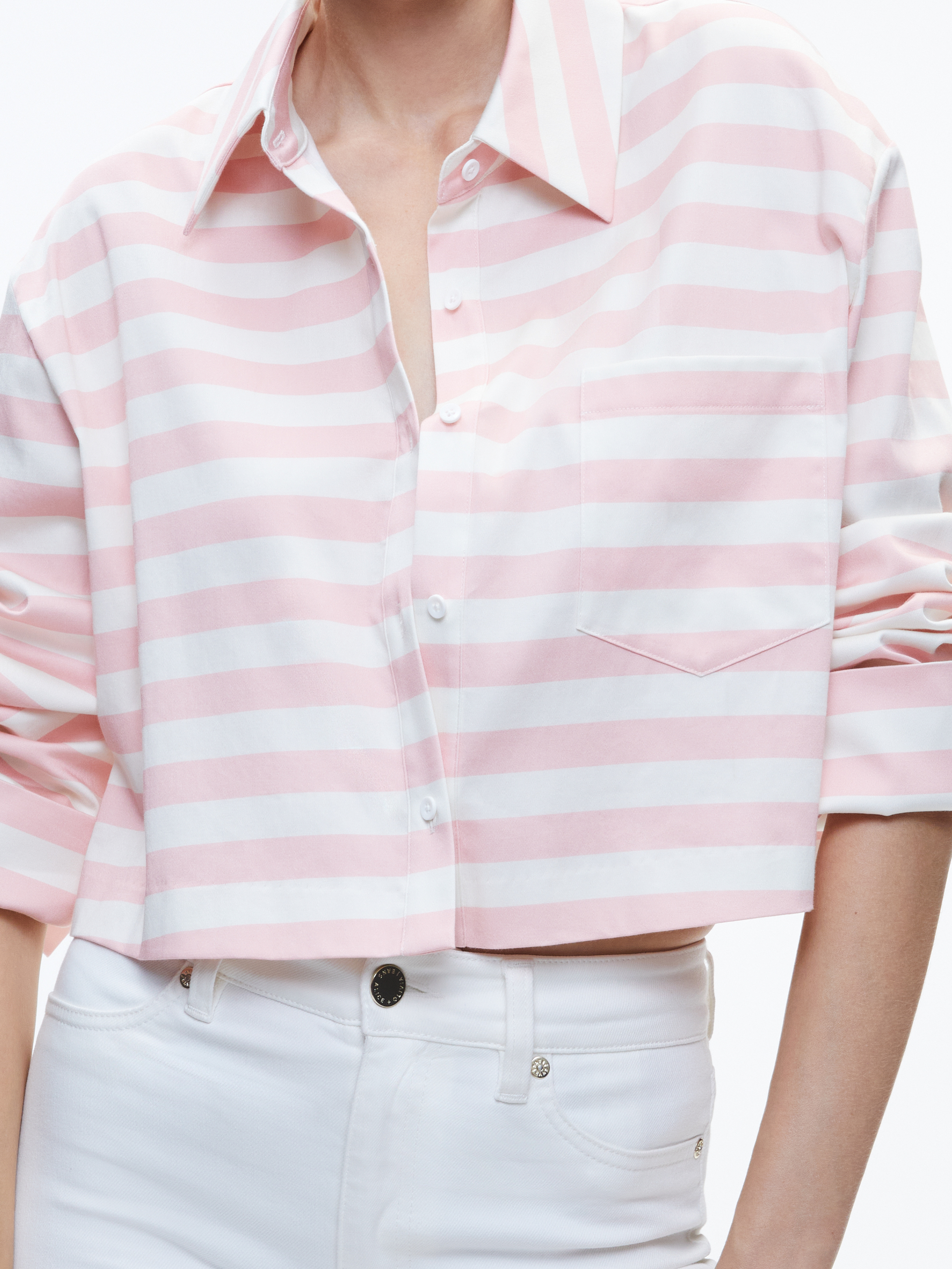 Finely Cropped Button Down In Admiral Stripe Pink Lace | Alice + Olivia
