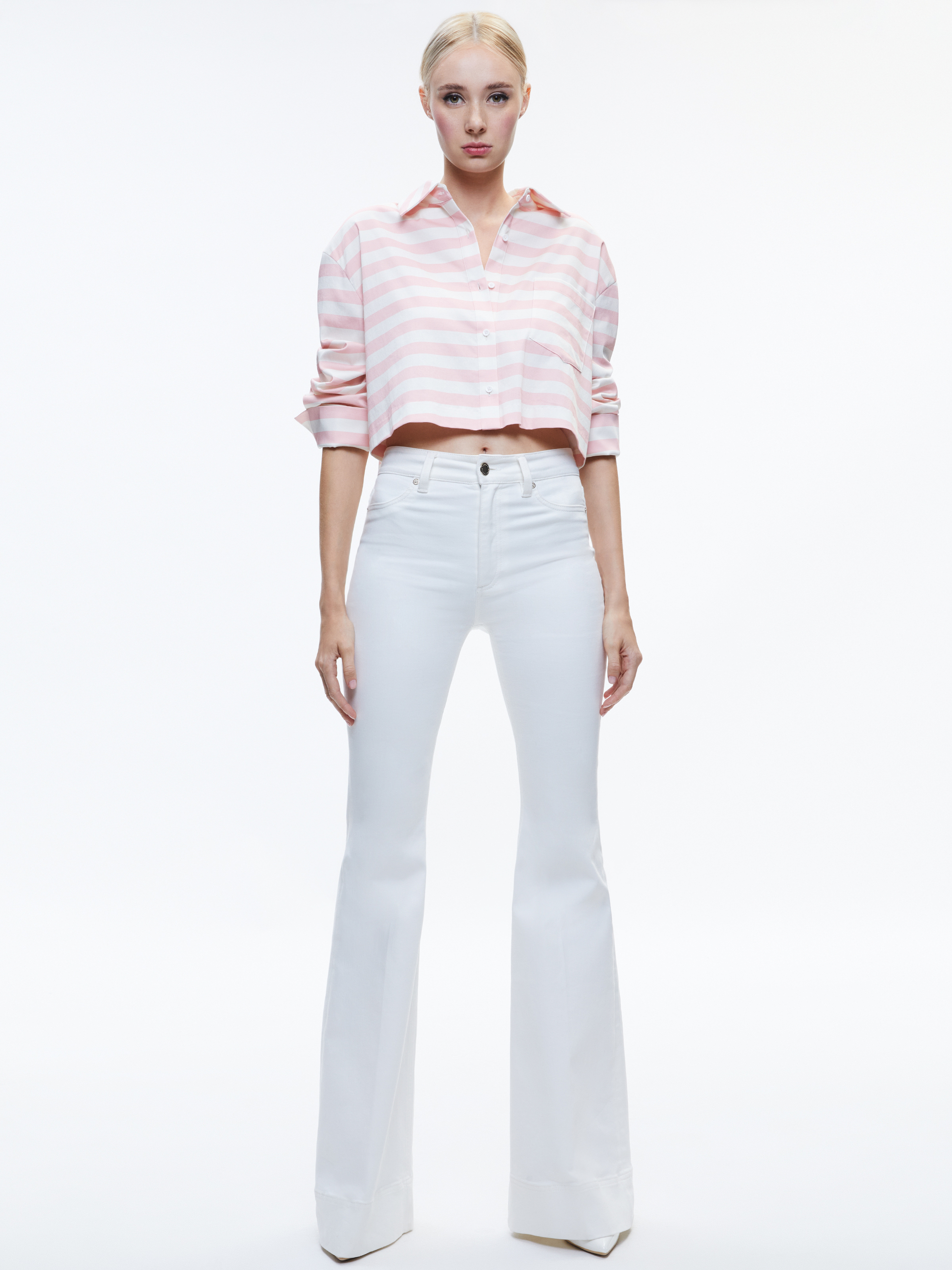 Finely Cropped Button Down In Admiral Stripe Pink Lace | Alice + Olivia