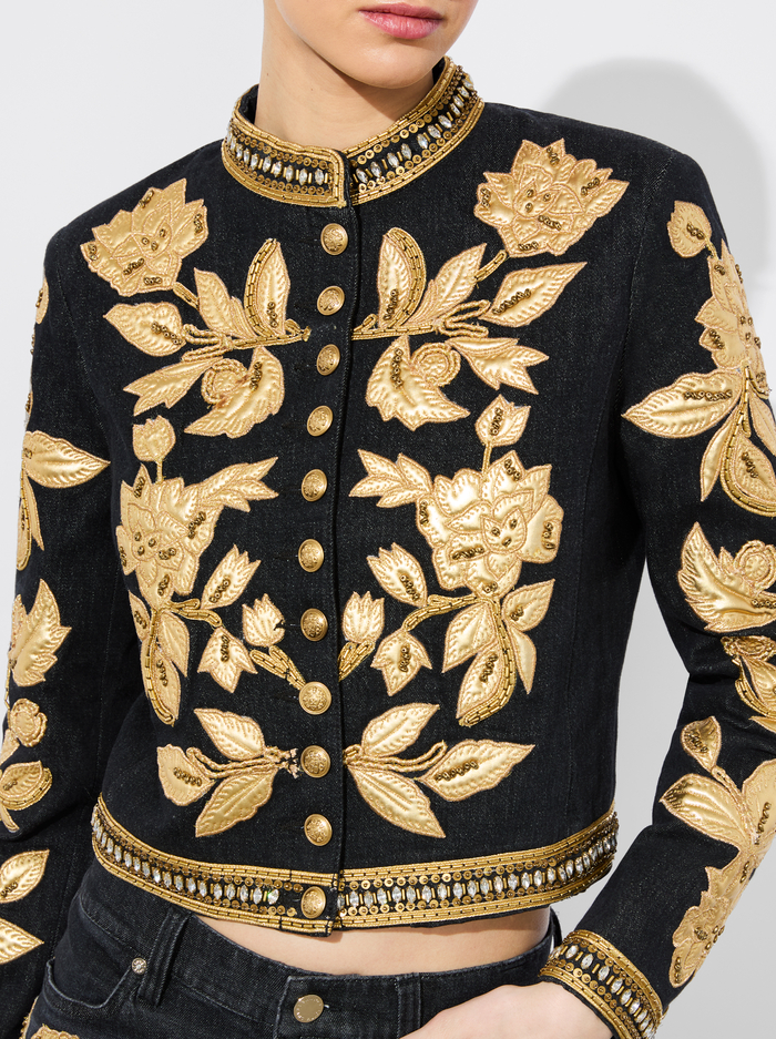 Emerson Denim Military Jacket In Maya Charcoal Black/gold | Alice + Olivia