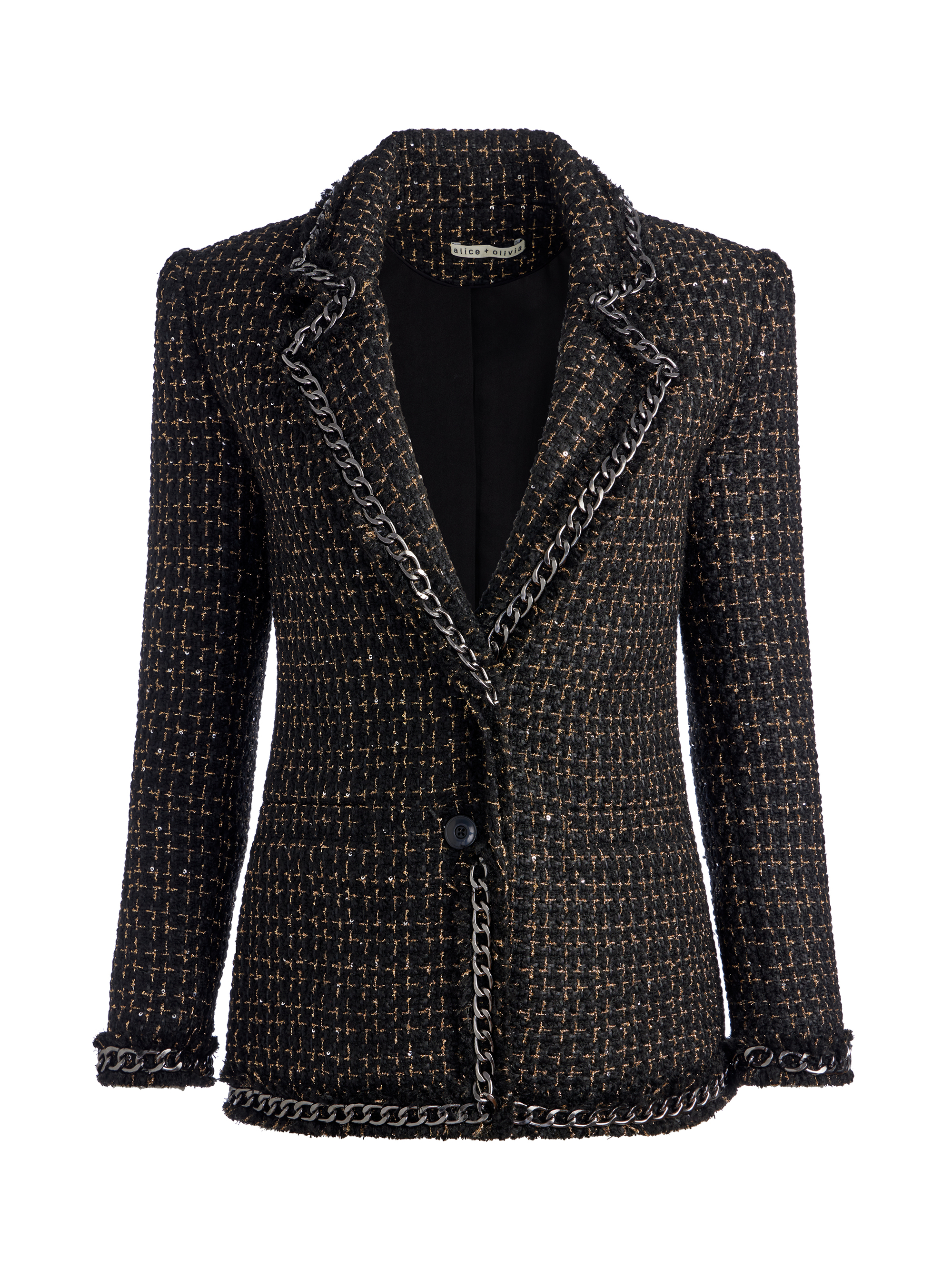 Shan Tweed Chain Trim Blazer In Black/gold | Alice + Olivia