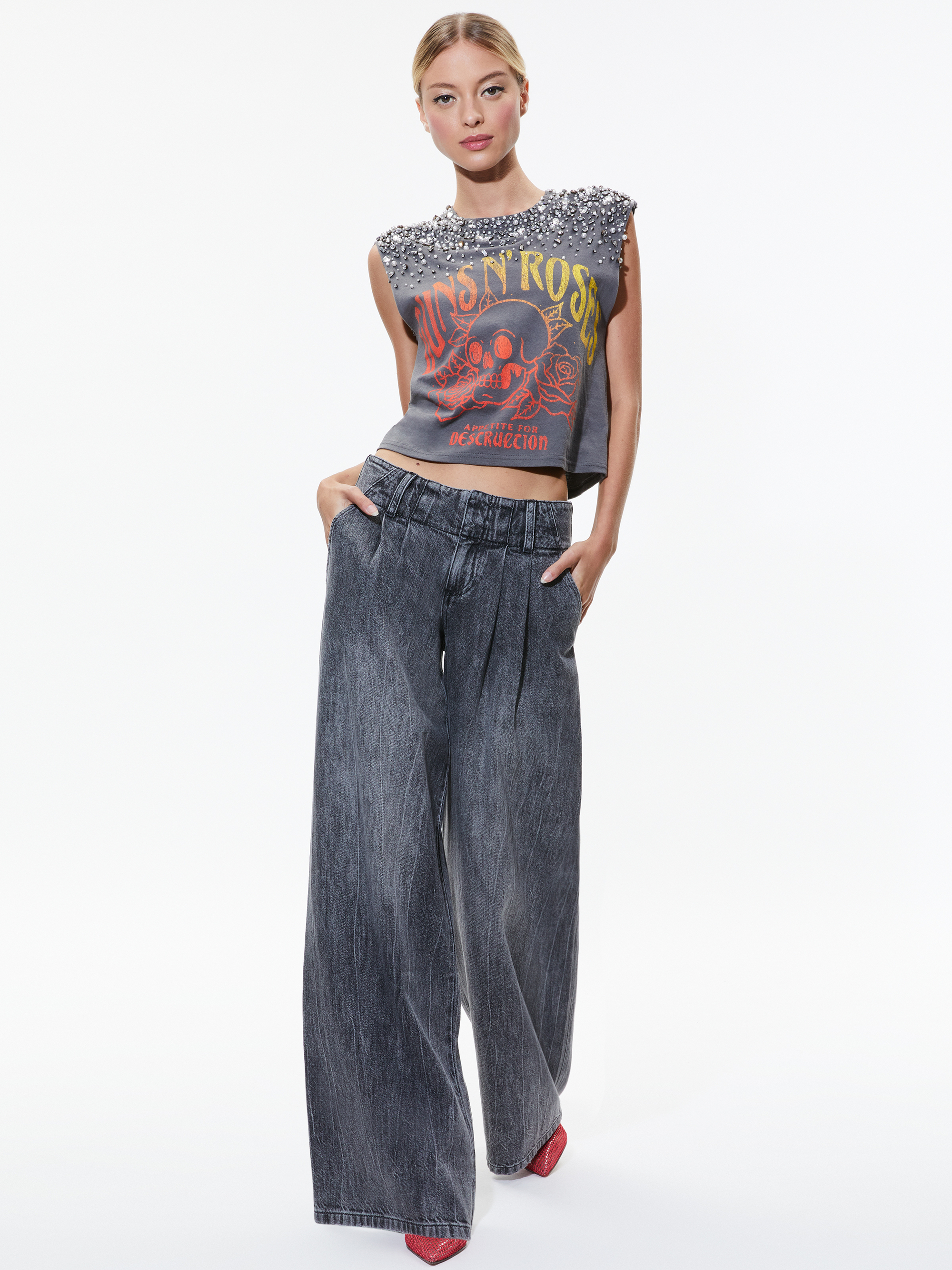 Micah Embelllished Cropped Muscle Tank In Guns N Roses | Alice + Olivia