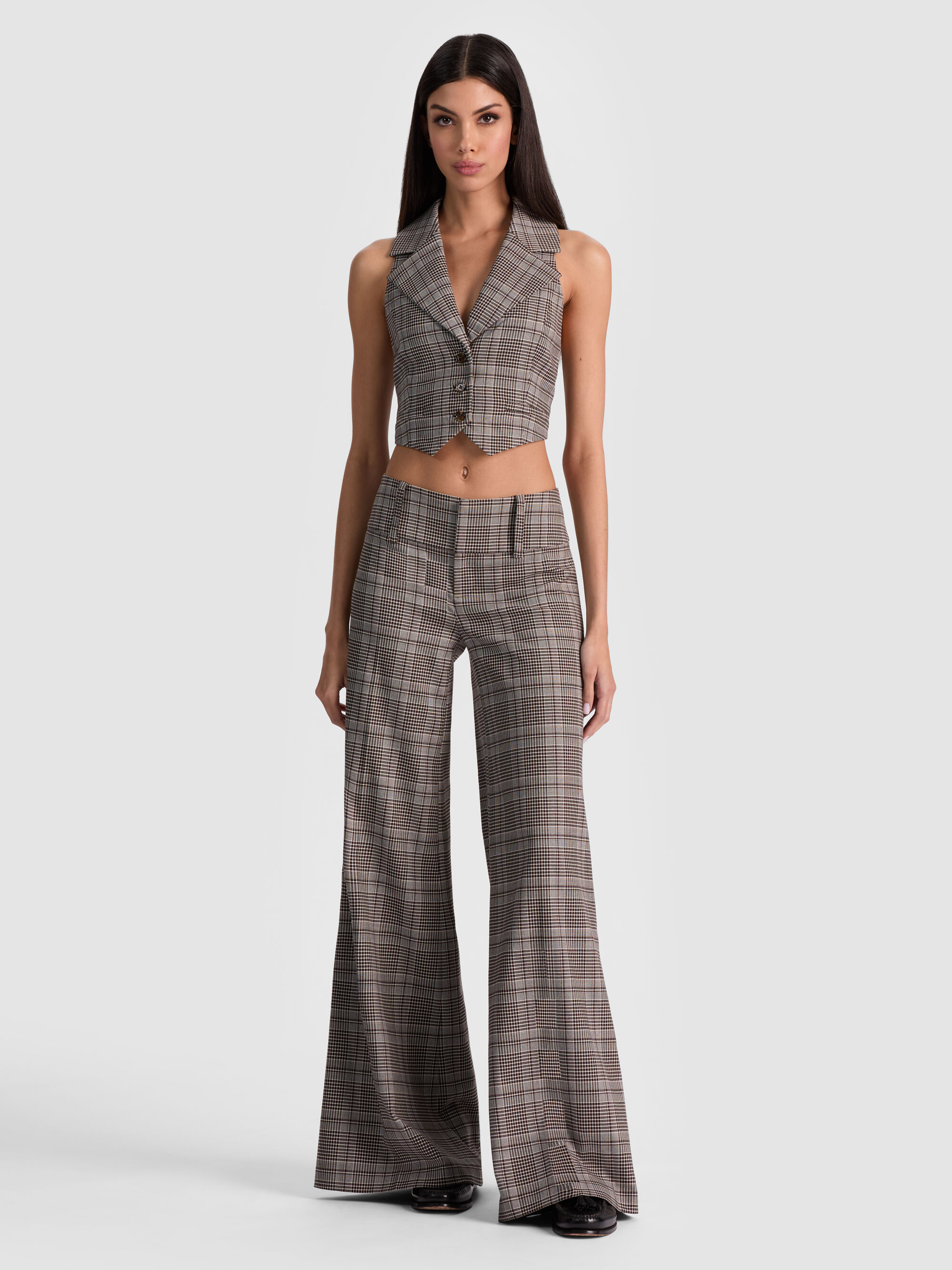 OLIVIA PLAID WIDE LEG PANT in BLACK/OFF WHITE/DARK CHOCOLATE | ALICE + OLIVIA