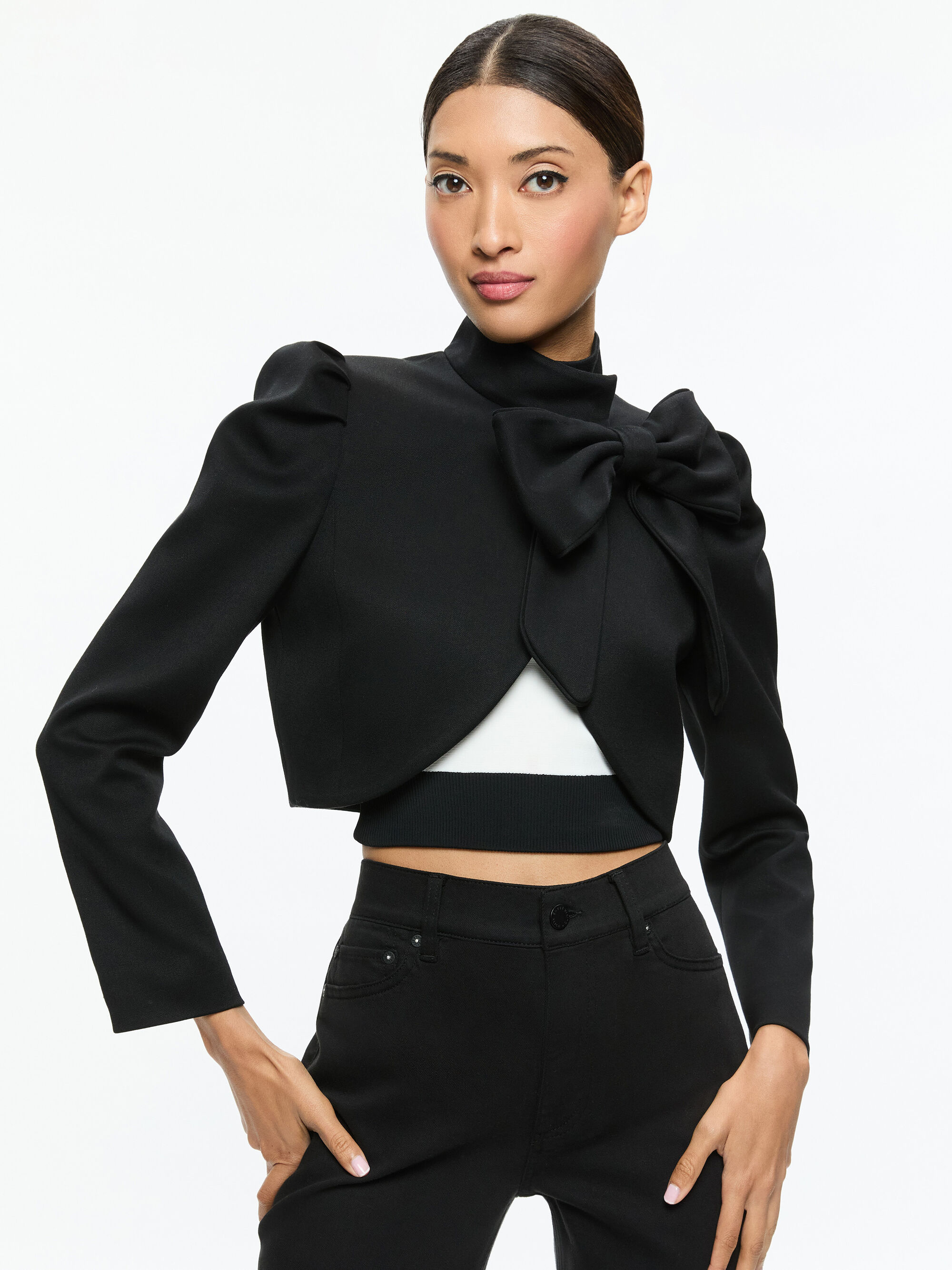 ADDISON BOW JACKET in BLACK/BLACK | ALICE + OLIVIA