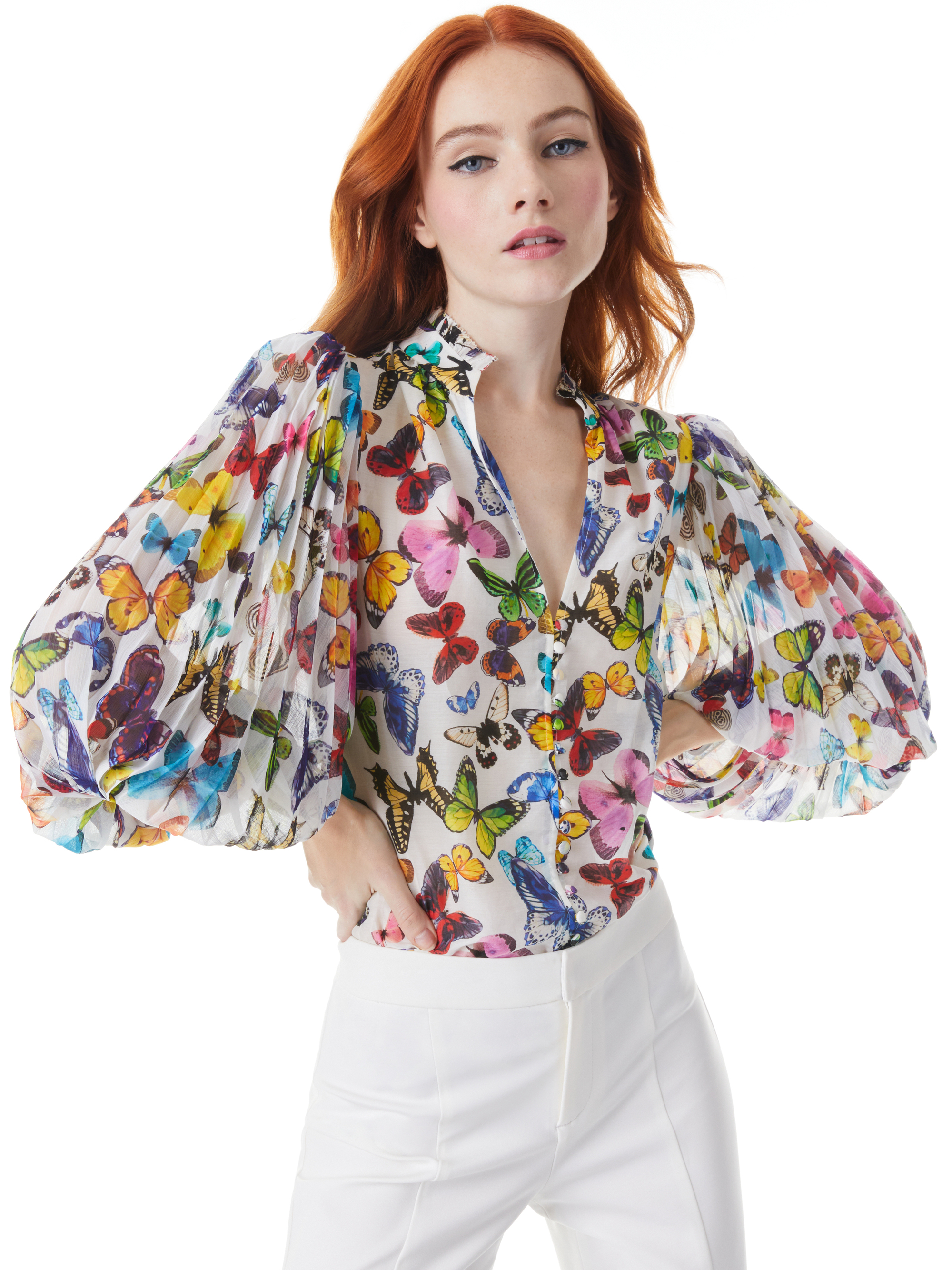 Ilan Smocked Sleeve Button Front Blouse In Butterfly High Off White | Alice + Olivia