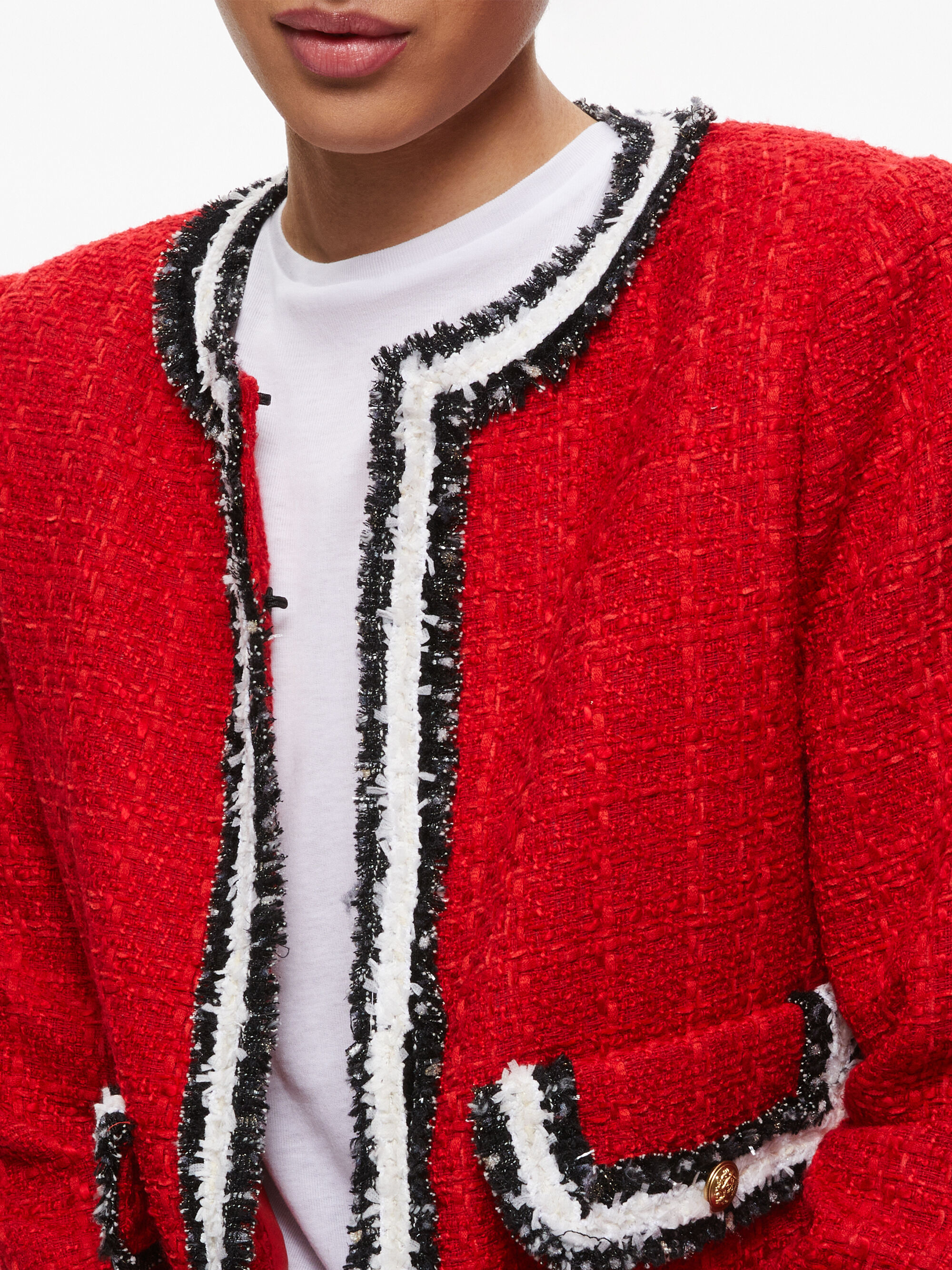 LANDON TWEED CROPPED JACKET in PERFECT RUBY/BLACK/WHITE | ALICE + OLIVIA