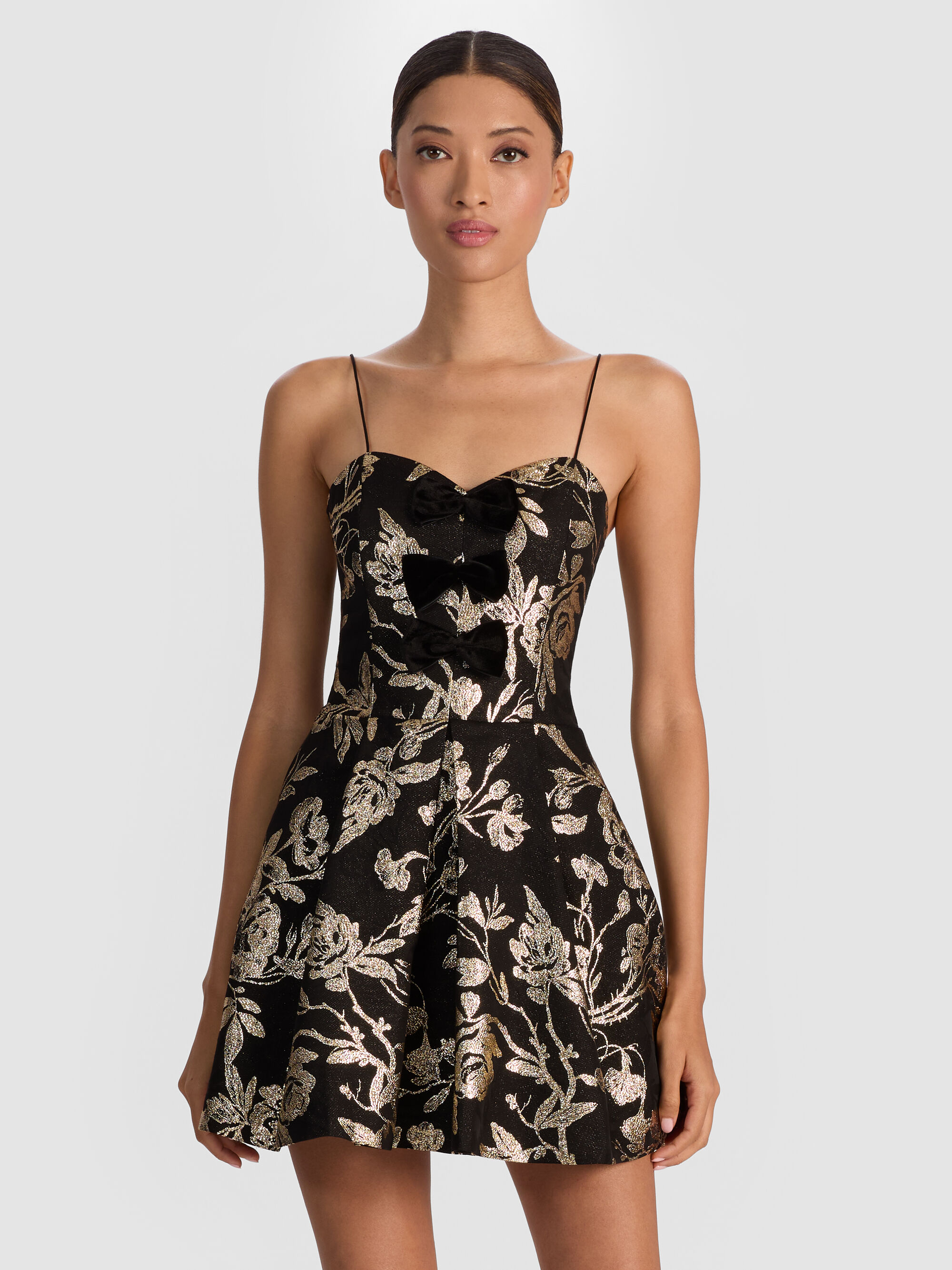 DANIELA STRUCTURED MINI DRESS in BLACK/GOLD | ALICE + OLIVIA