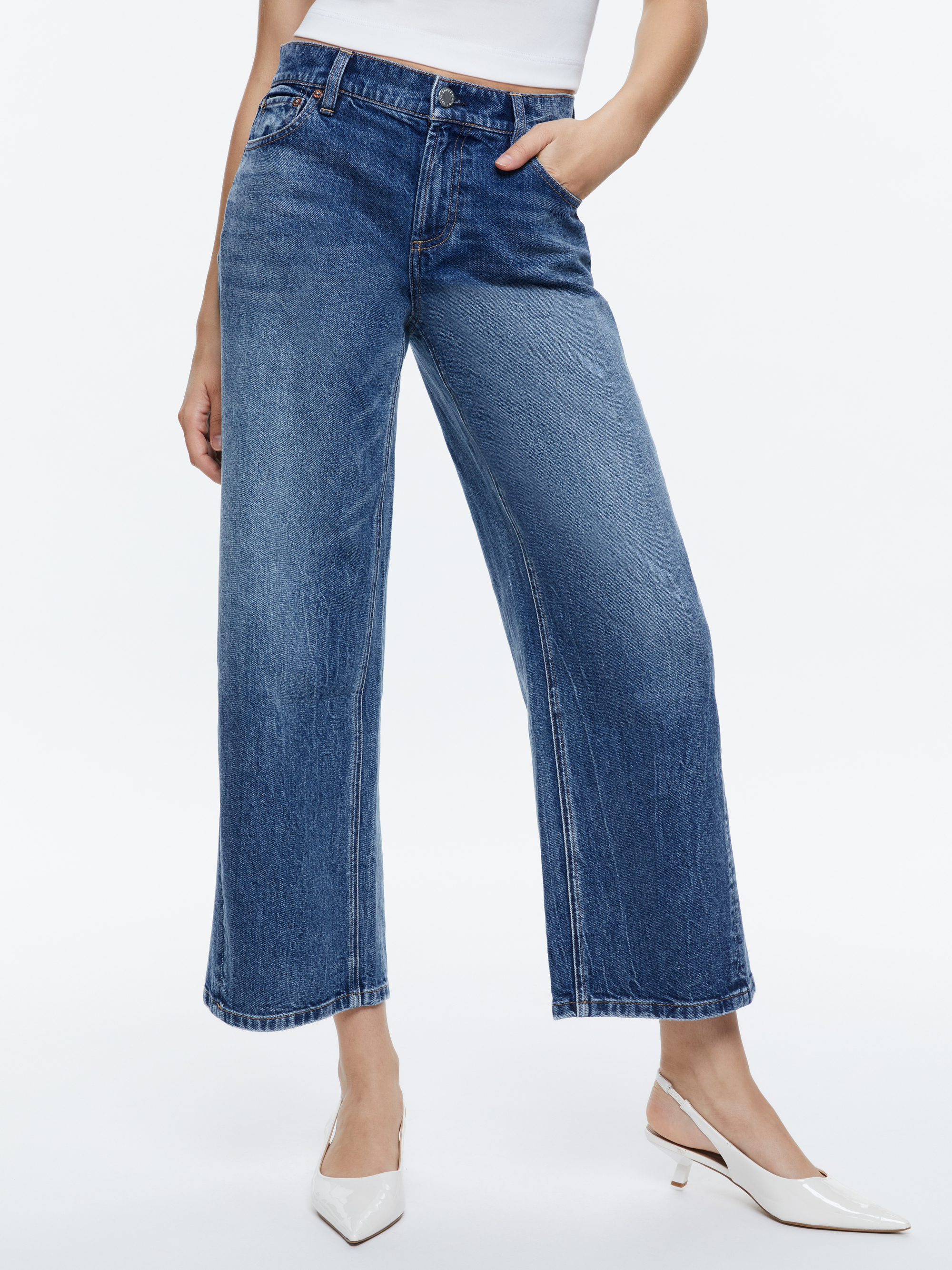 Ernie Cropped Low Rise Buckle Back Baggy Jean In Brooklyn Blue | Alice + Olivia