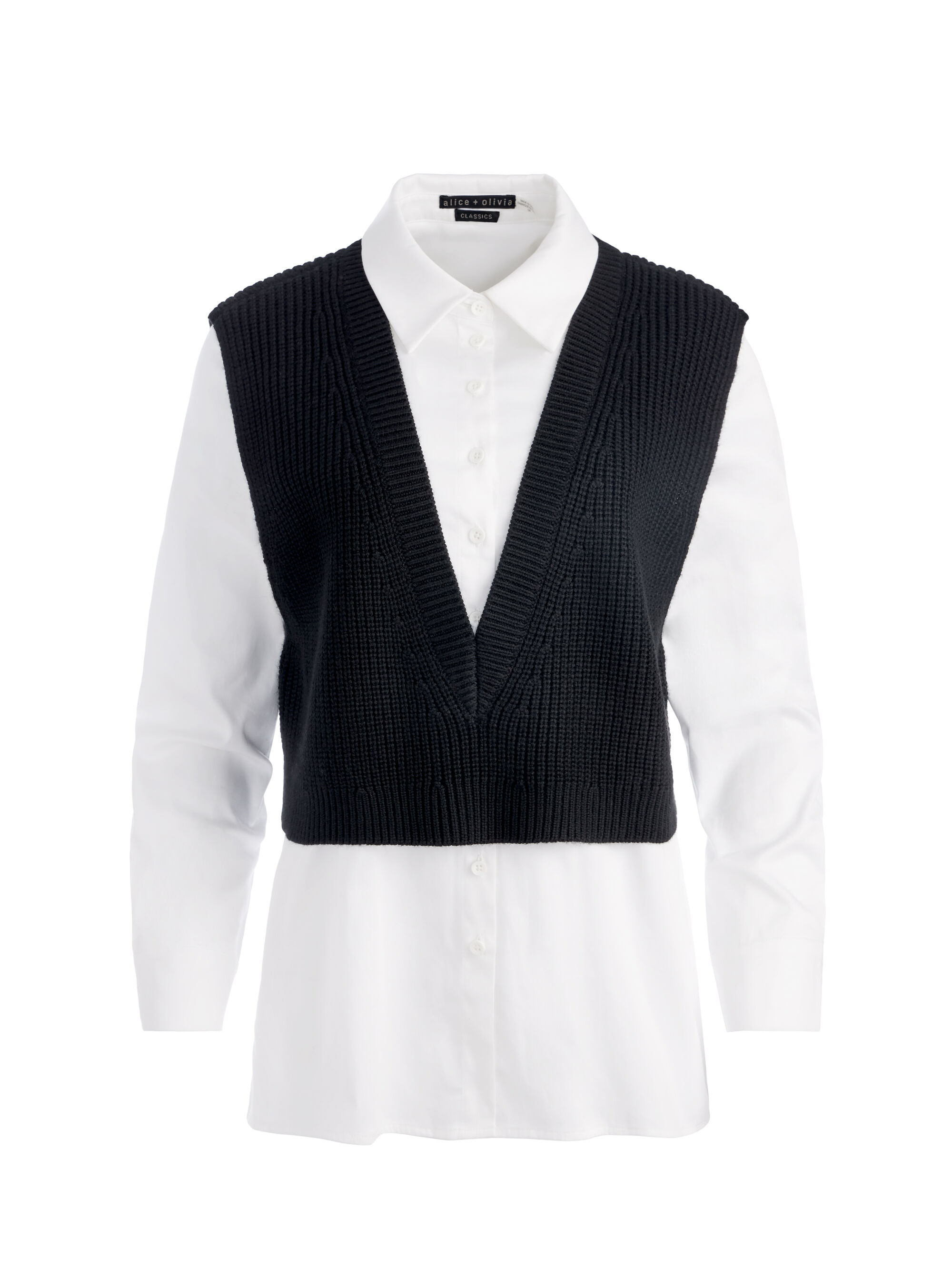ORLY SWEATER VEST COMBINATION TOP in BLACK COMBO | ALICE + OLIVIA