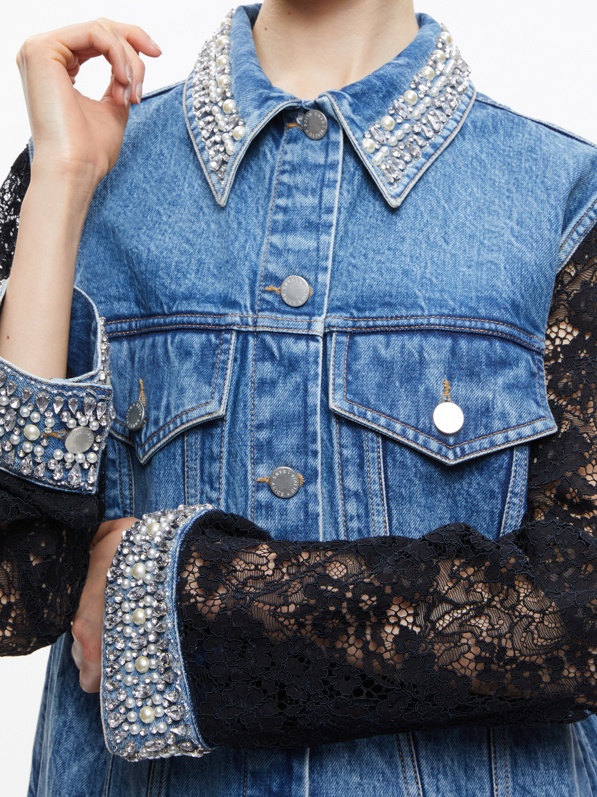 Jeff Embellished Lace Sleeve Denim Jacket In Indigo Nights | Alice + Olivia