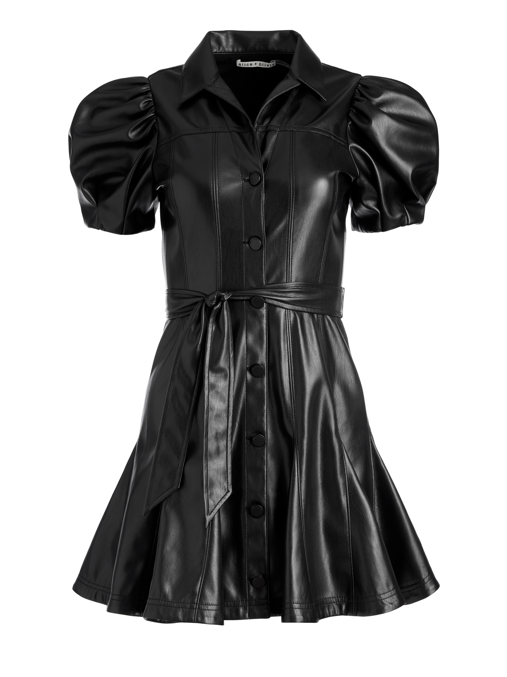 Ofra Vegan Leather Mini Dress With Tie Belt In Black | Alice + Olivia